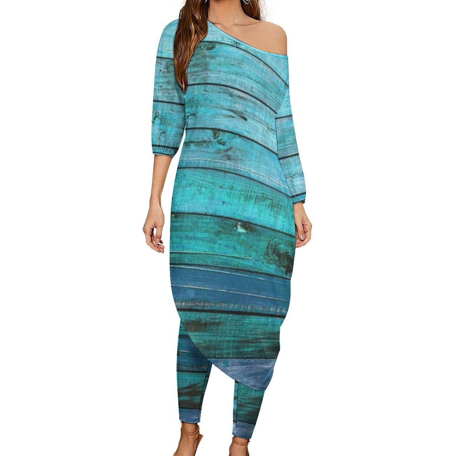 Blue Old Wood Texture Elegant Casual Diagonal Shoulder 2PCS Set Top ...