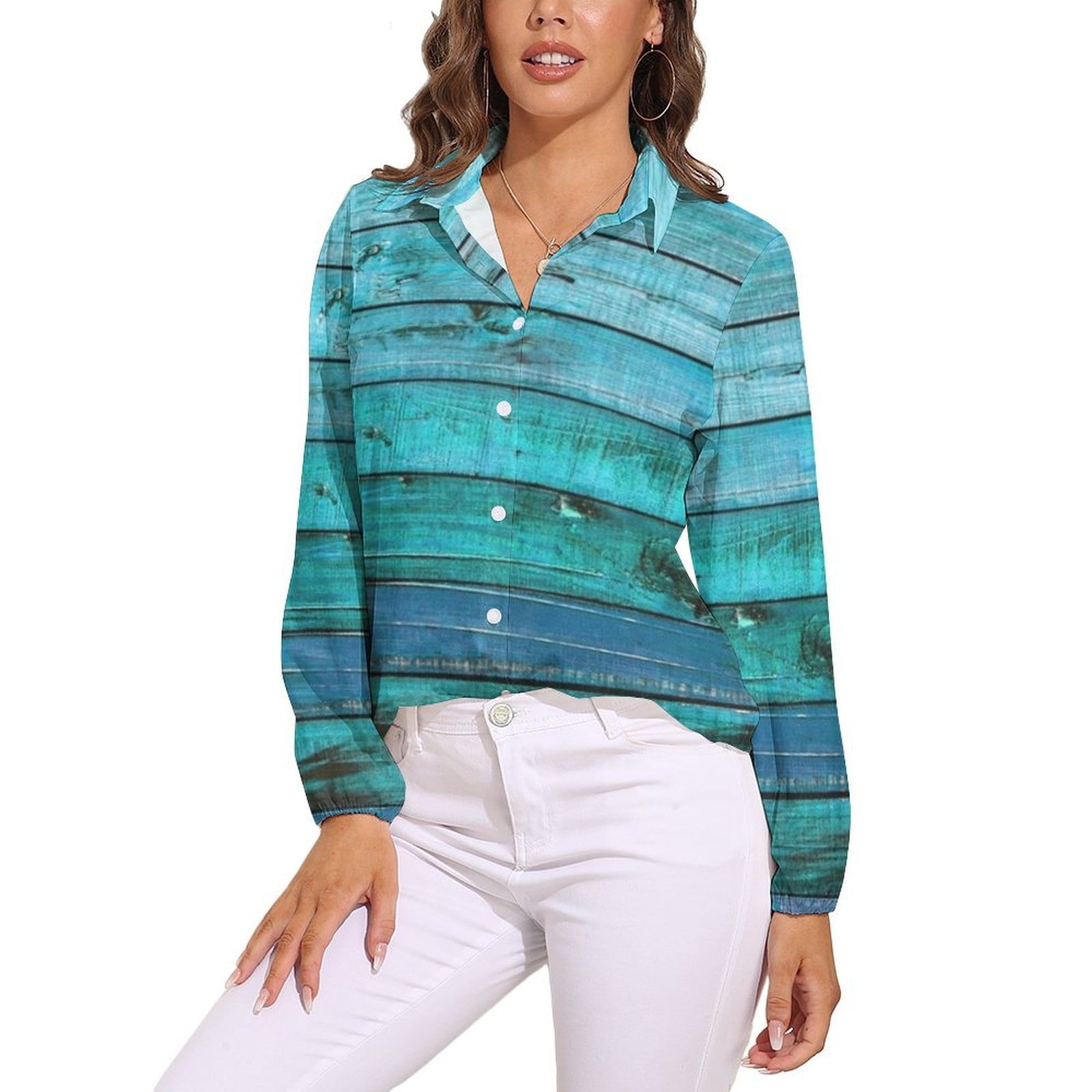 Blue Old Wood Texture Long Sleeve Blouse Woman Streetwear Casual Shirts ...