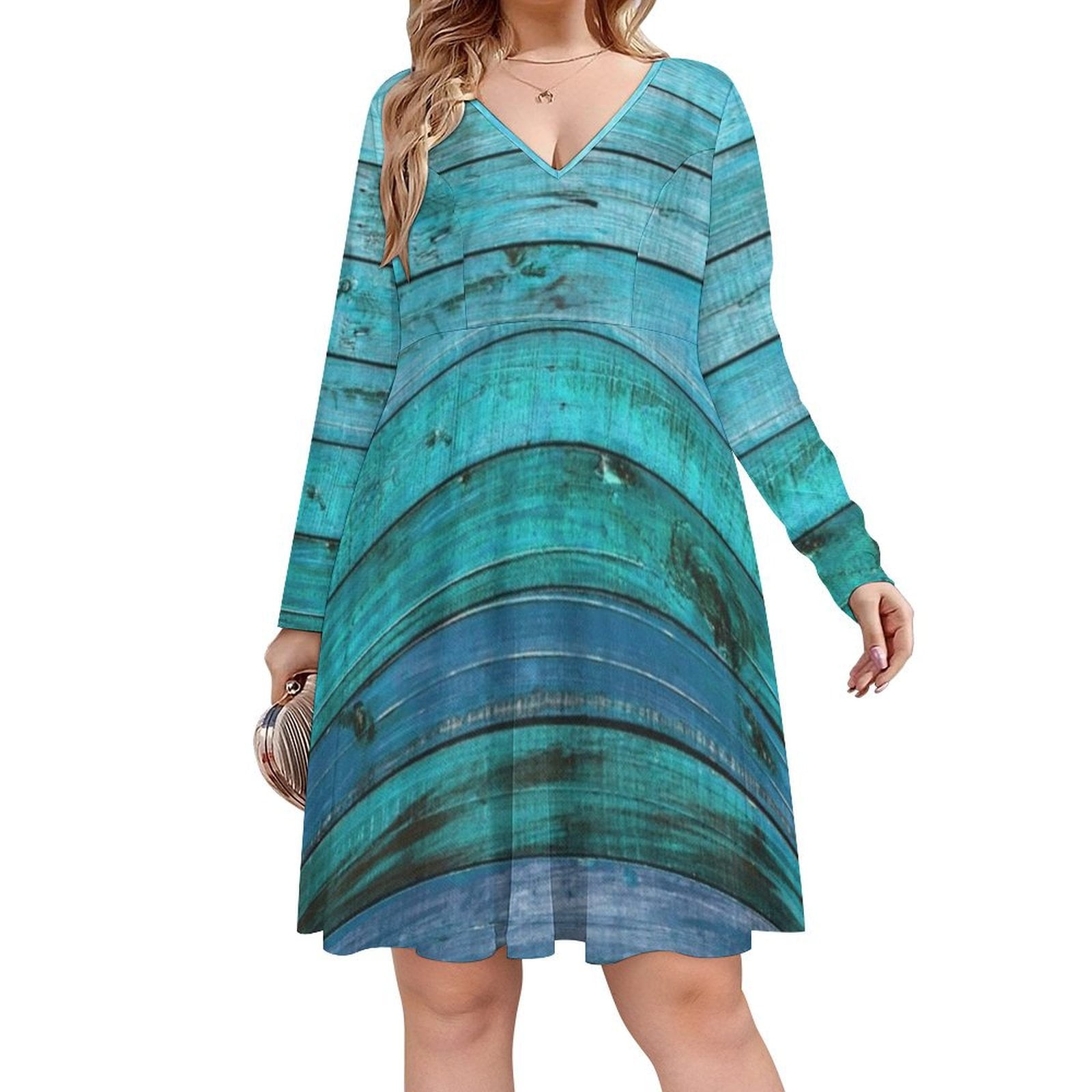 Blue Old Wood Texture Long Sleeve Dresses For Women Vintage Elegant Party Dress Oversized V-neck ...
