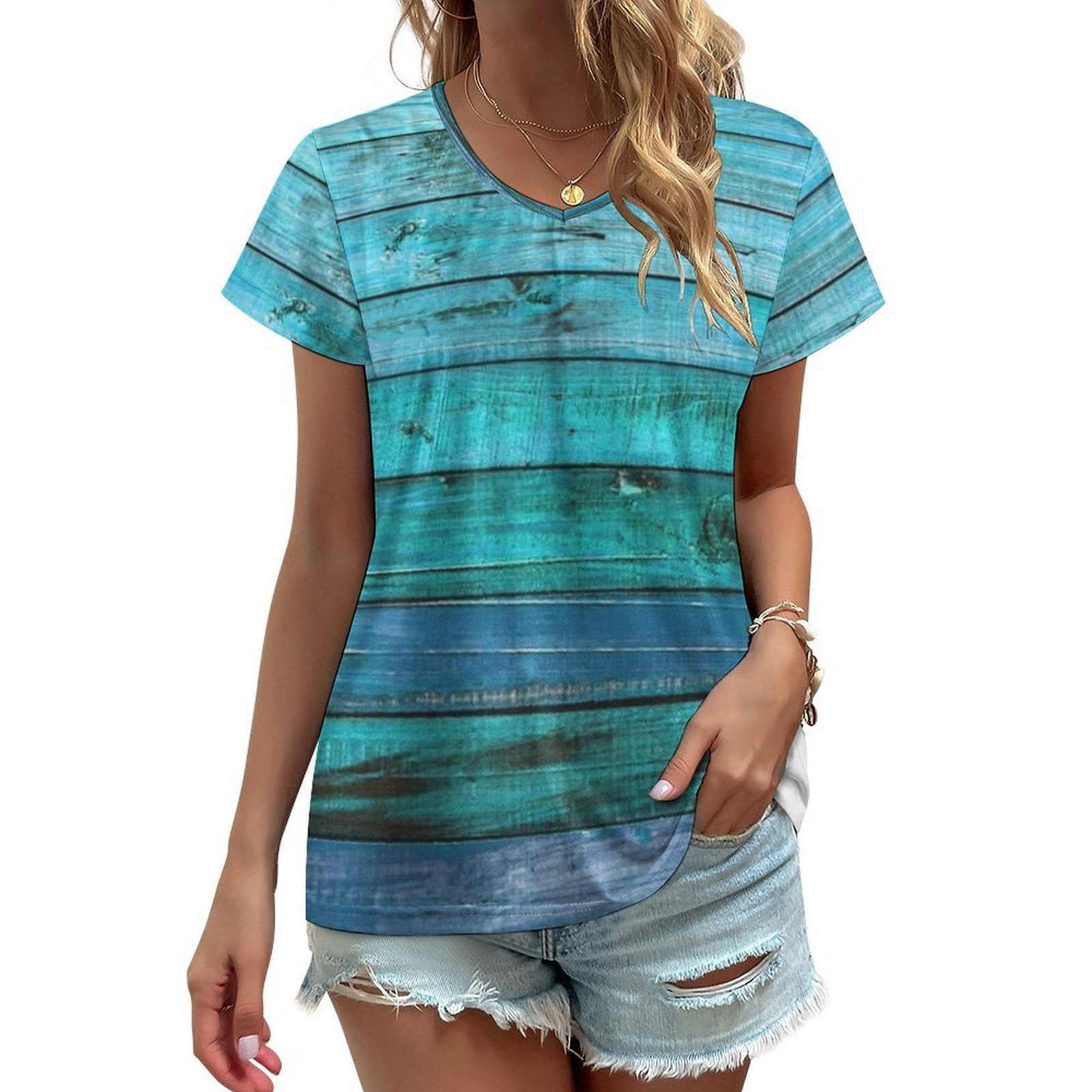 Blue Old Wood Texture Women's Blouse Short Sleeve Women's Top T-Shirt ...