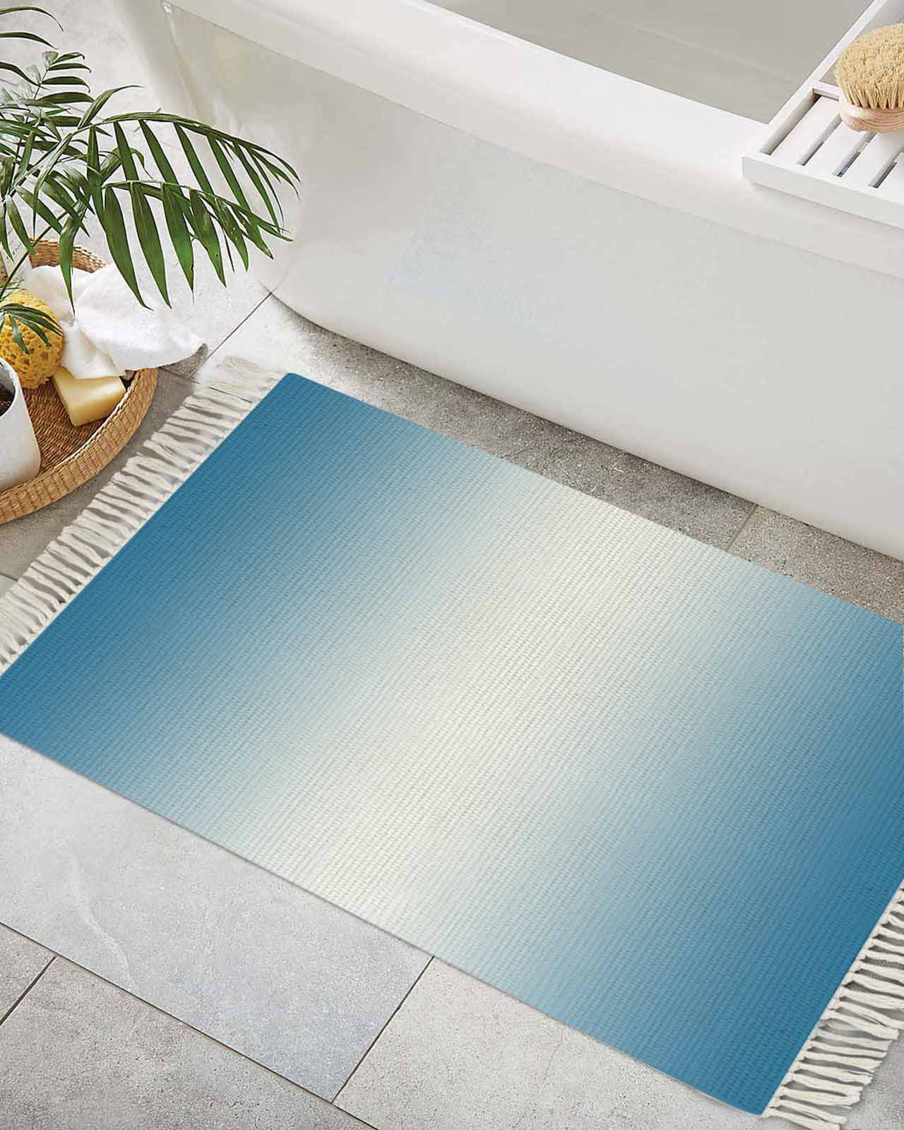 Blue Ombre Bath Rug 2x3ft Woven Bathroom Entryway Runner Rug,Blue White ...