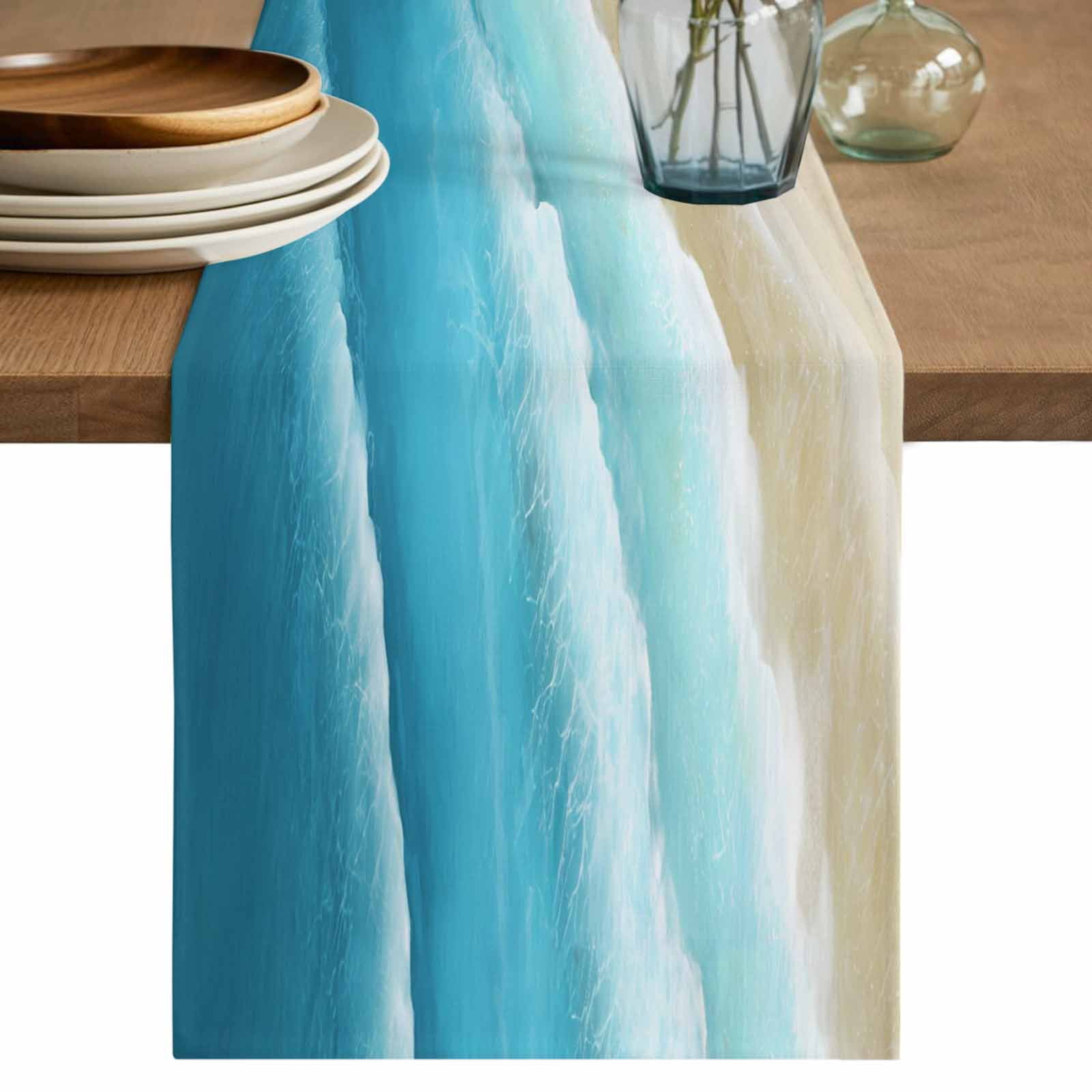 Blue Ombre Beach Cotton Linen Table Runner for Dining Kitchen, Ocean ...
