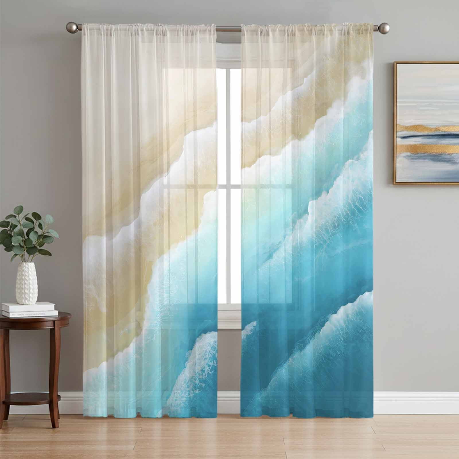 Blue Ombre Beach Sheer Curtains 63 Inch Length 2 Panels Set, Ocean ...