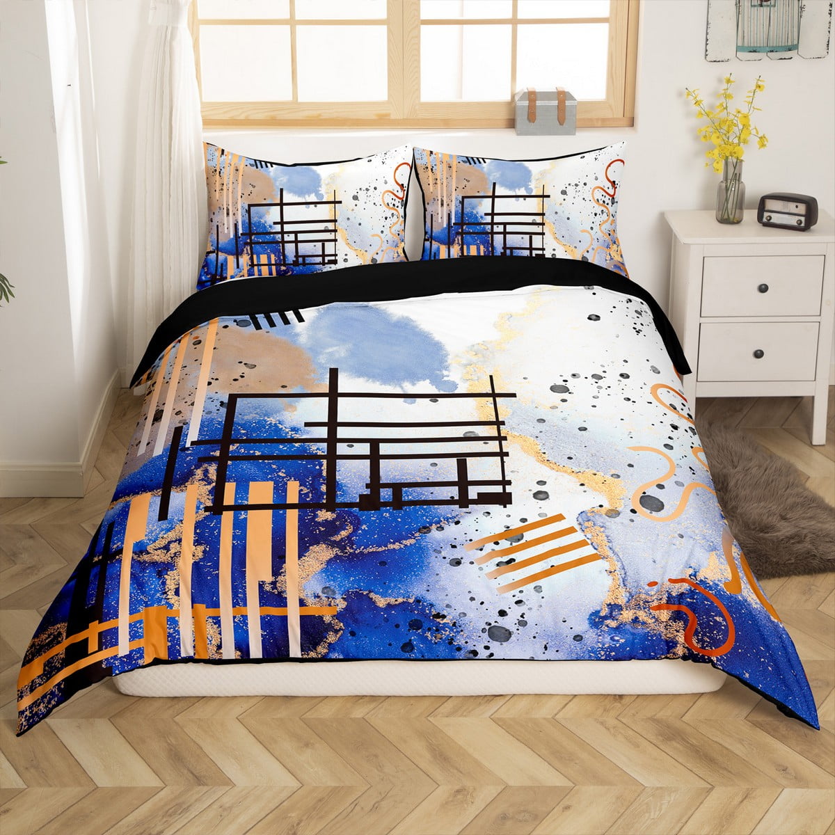 Blue Ombre Bedding Sets Full Size Geometry Stripes Duvet Cover Dark ...