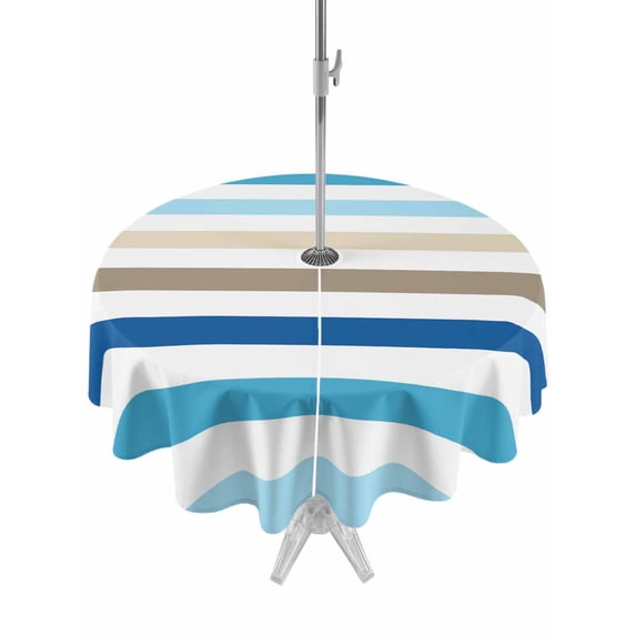 Blue Ombre Brown Striped Round Outdoor Tablecloth with Umbrella Hole ...