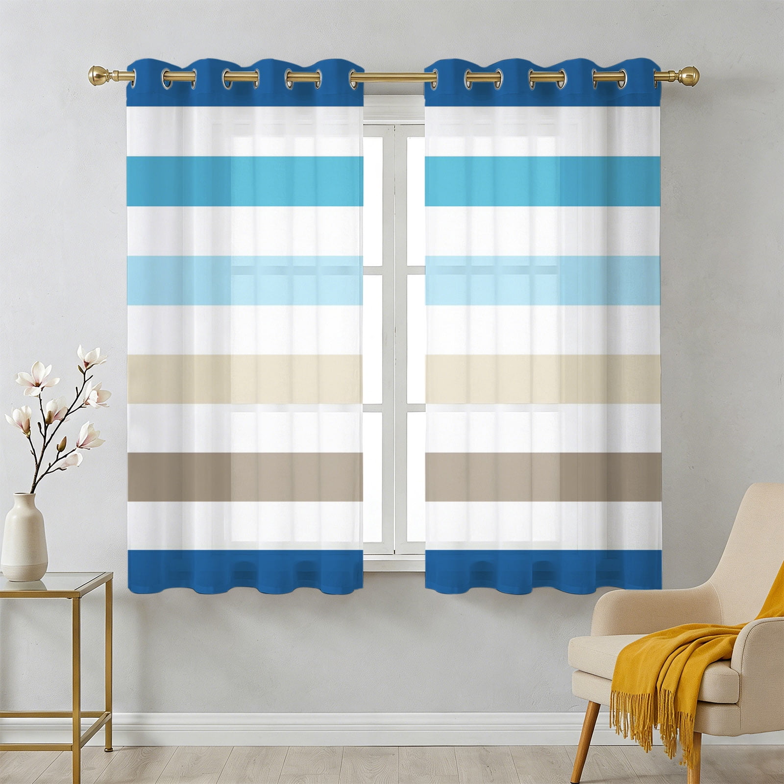 Blue Ombre Brown Striped Sheer Curtains 39 Inch Long 2 Panels, Modern ...