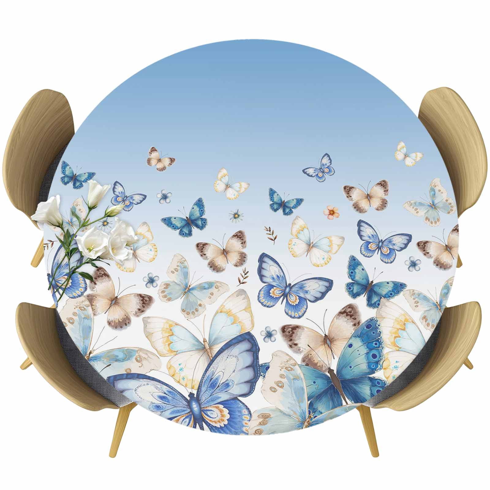 Blue Ombre Butterfly Round Tablecloth, Fitted Table Cover with Elastic ...