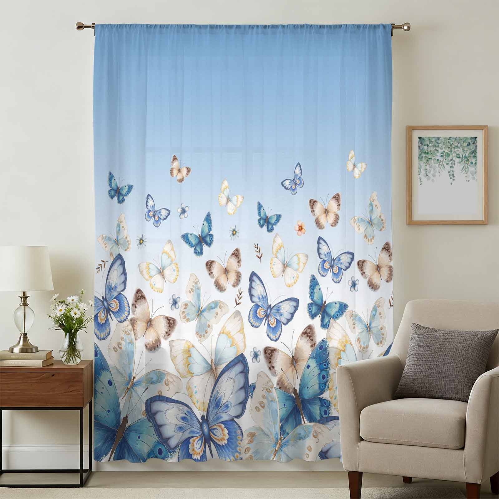 Blue Ombre Butterfly Sheer Curtains 108" Extra Long, Pastoral Farmhouse ...