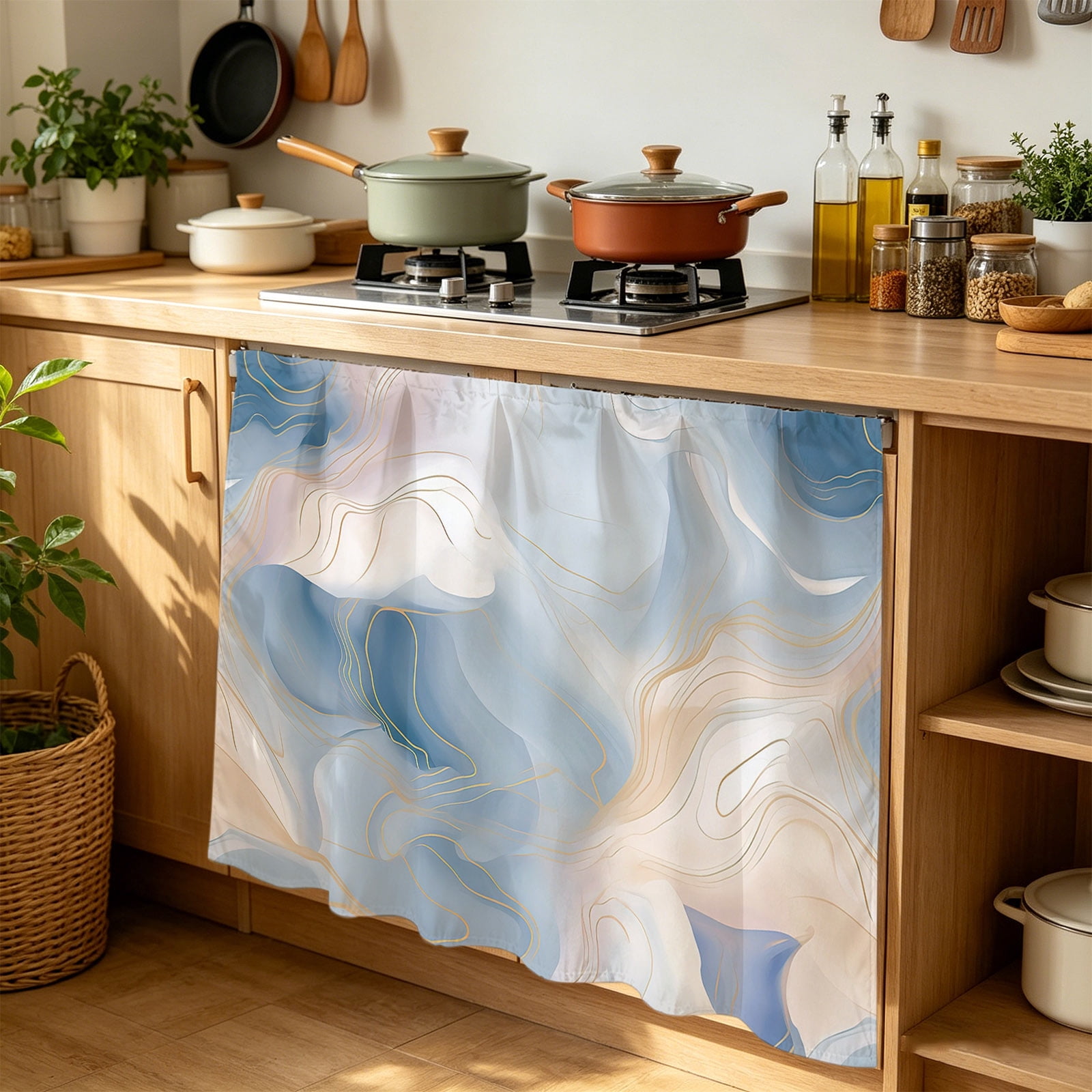 Blue Ombre Cabinet Curtains 35''x35'', Modern Geometric Yellow Lines ...