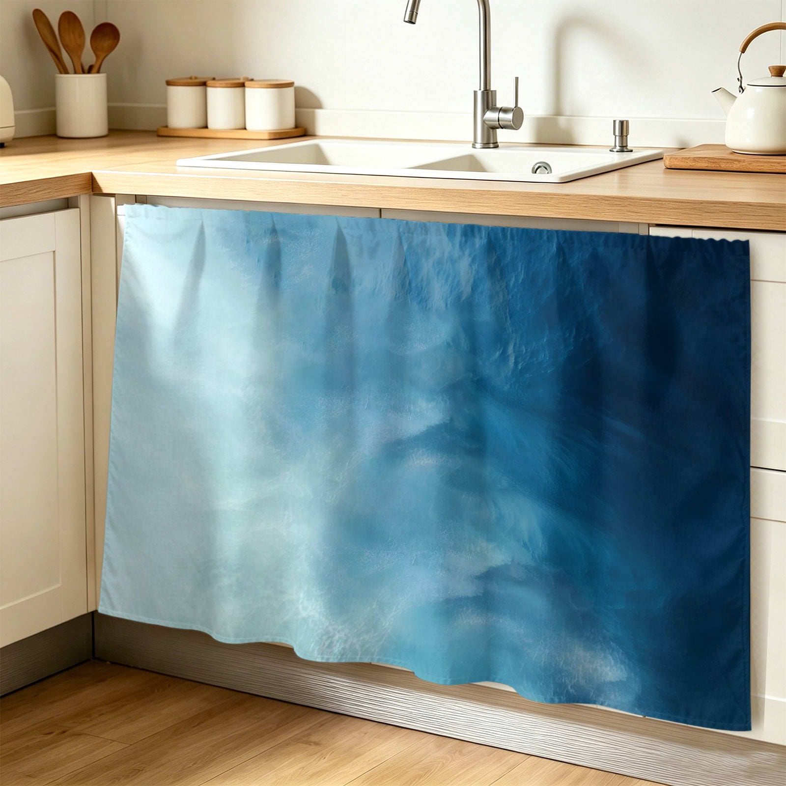 Blue Ombre Cabinet Curtains for Shelves, Coastal Beach Modern Abstract ...