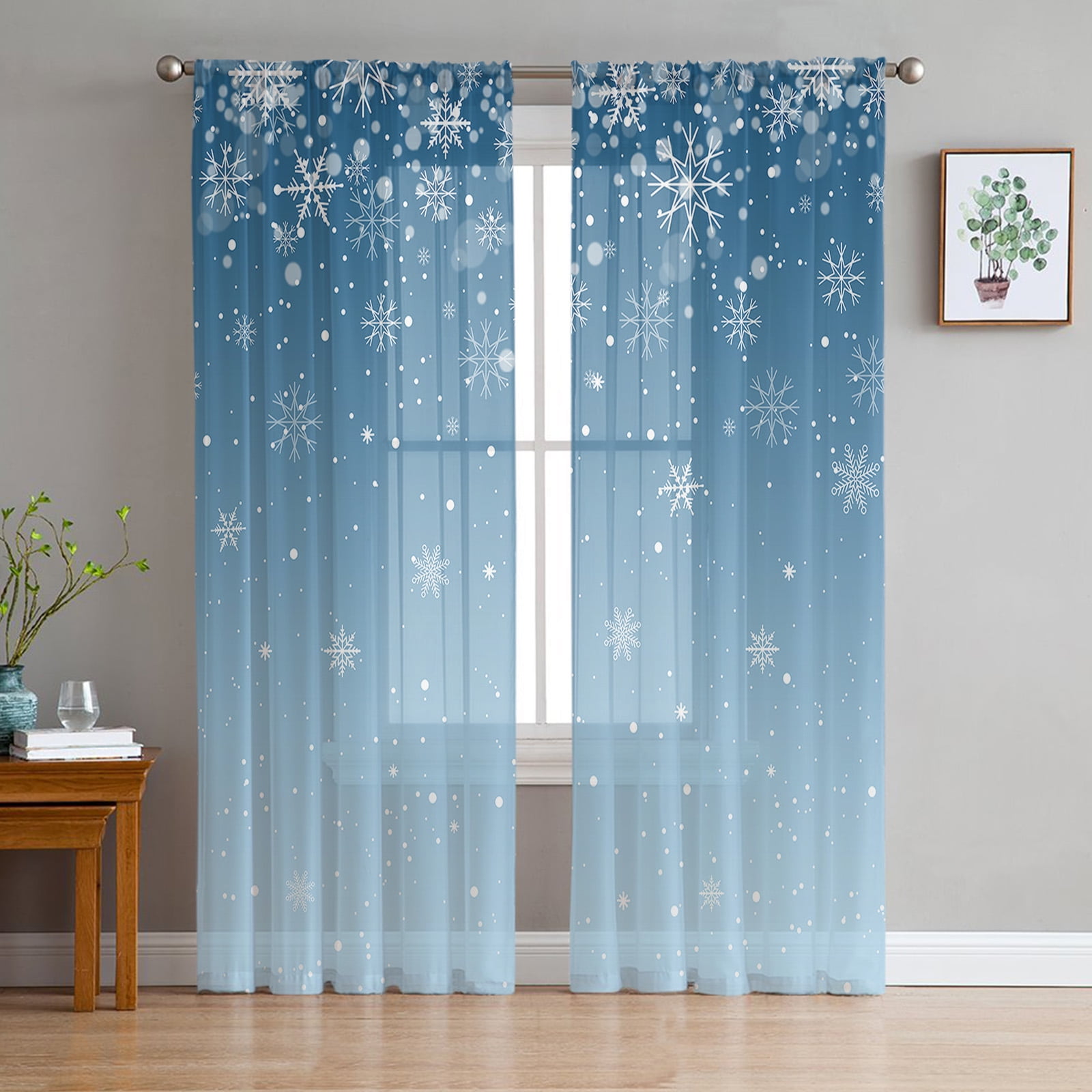 Blue Ombre Christmas Snowflake Sheer Curtains 63 Inches Length 2 Panels Set, Window Sheer ...