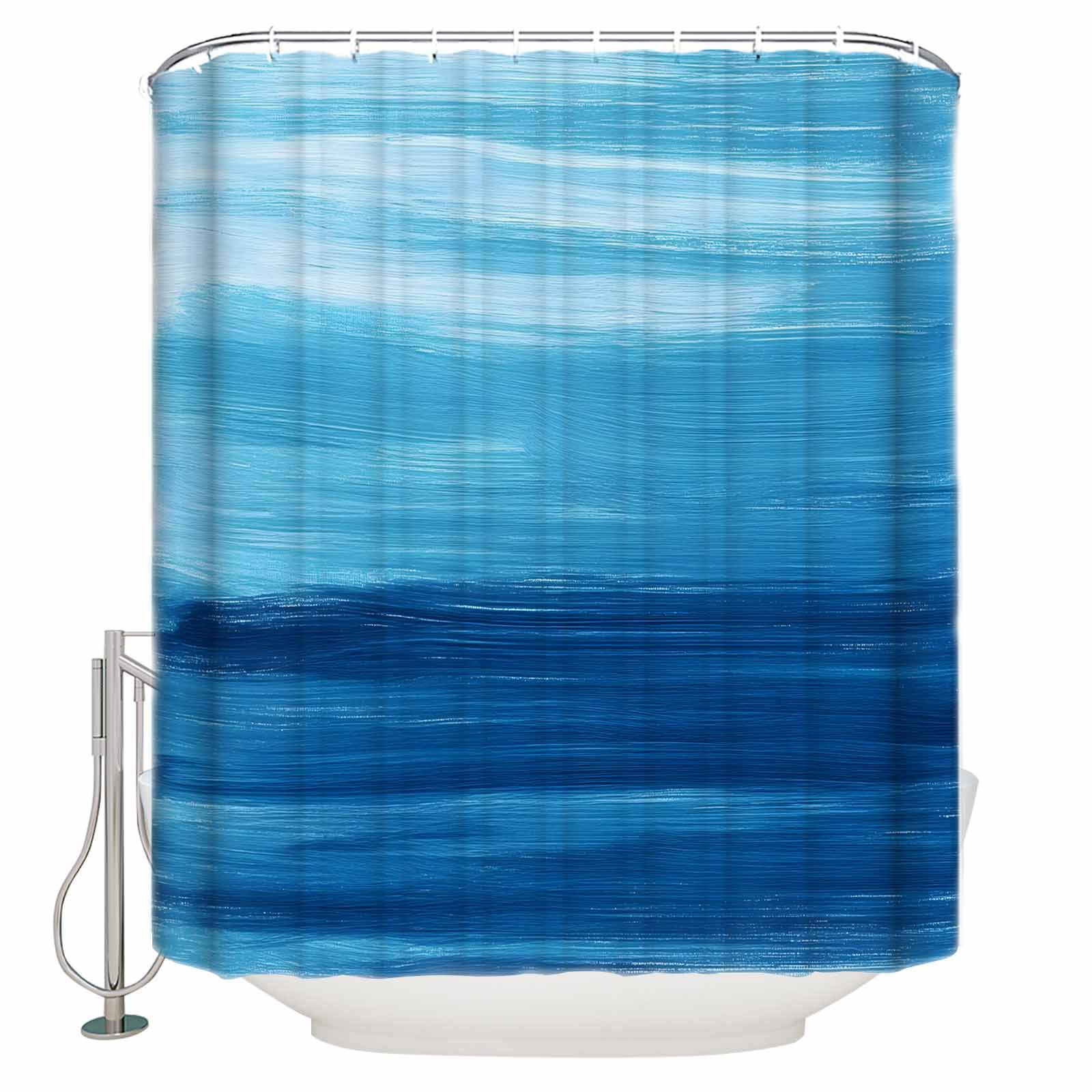 Blue Ombre Coastal Bathroom Shower Curtains with 12 Hooks Polyester ...