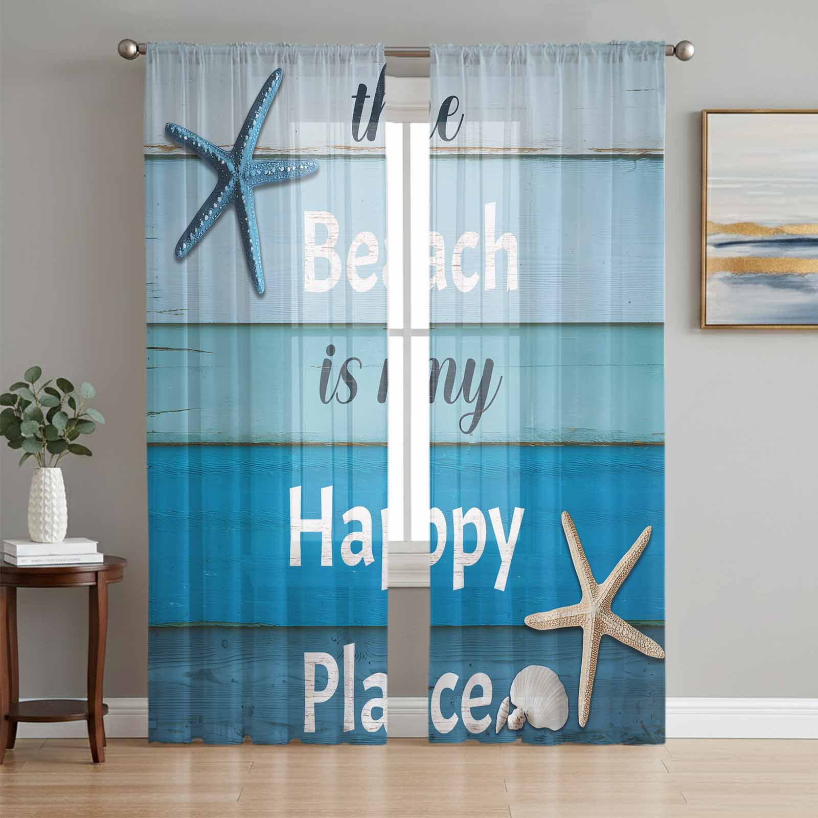 Blue Ombre Coastal Semi Sheer Curtains 96 Inch Length 2 Panels Set ...