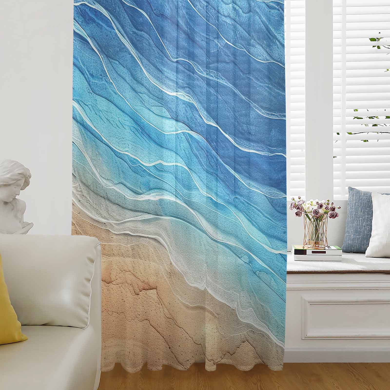Blue Ombre Coastal Sheer Curtains 63 Inch Length, Light Filtering Voile ...