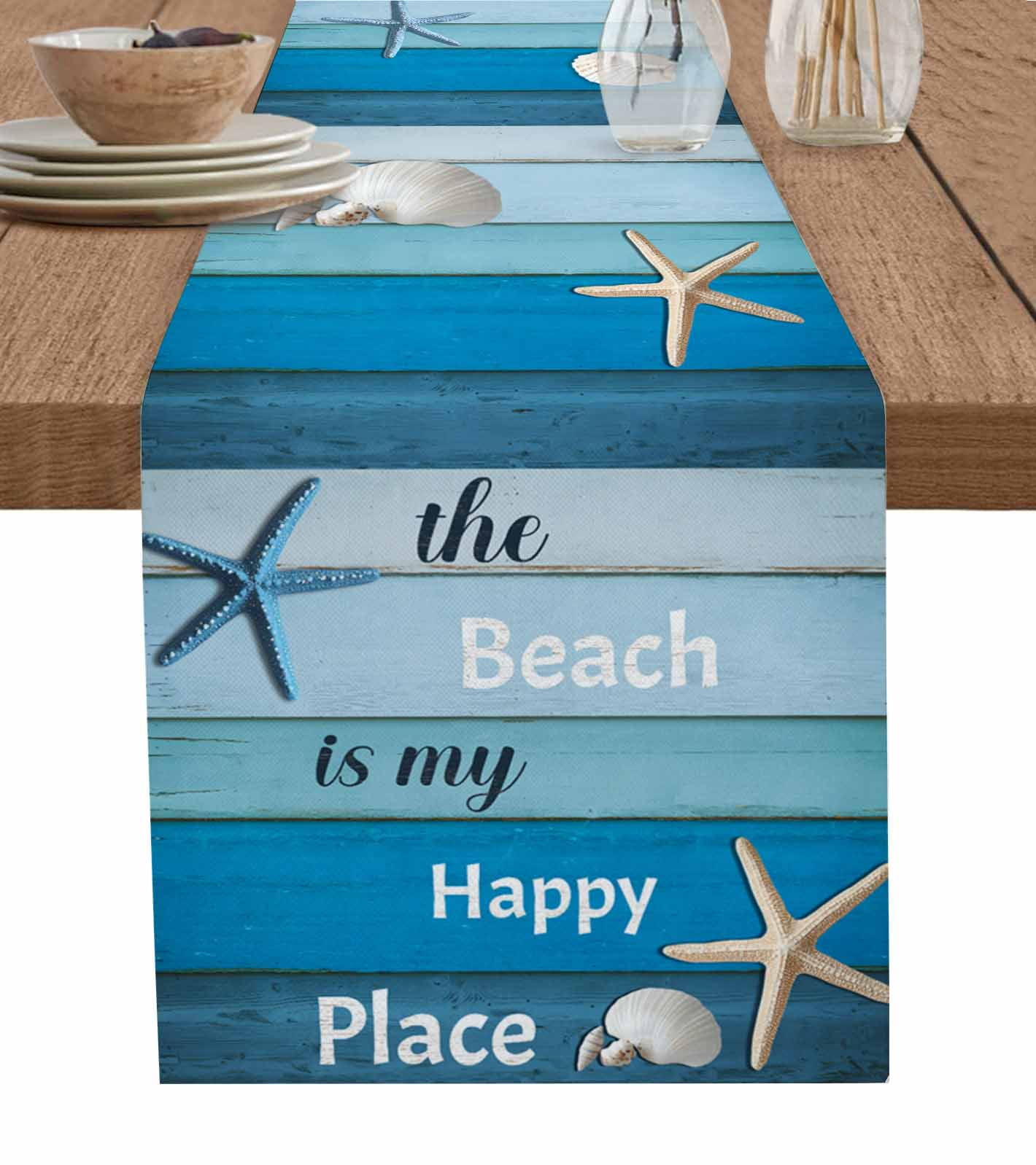 Blue Ombre Coastal Table Runner Nautical Starfish Shell Summer Beach ...
