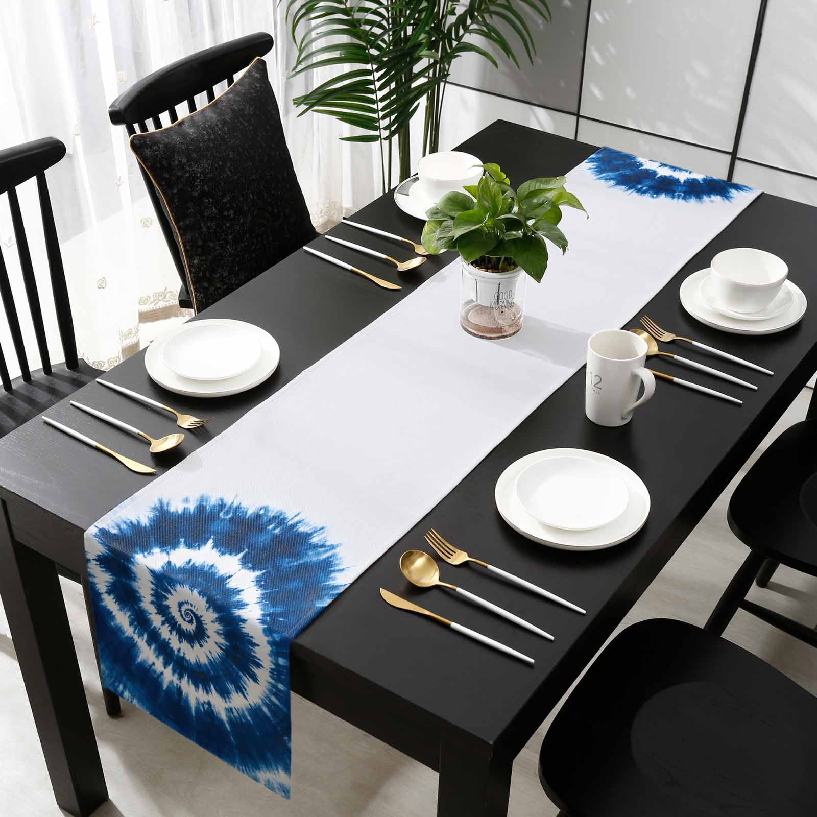 Blue Ombre Cotton Linen Table Runner 13 x 72 inch Boho Tribal Ethnic Abstract Tie Dye Art Non ...