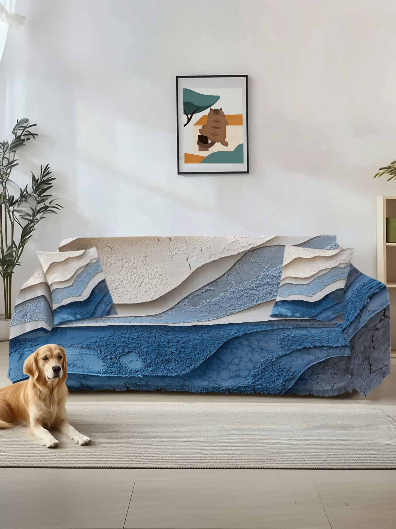 Blue Ombre Couch Cover, Modern Wave Abstract Art Sofa Cover Blanket for ...