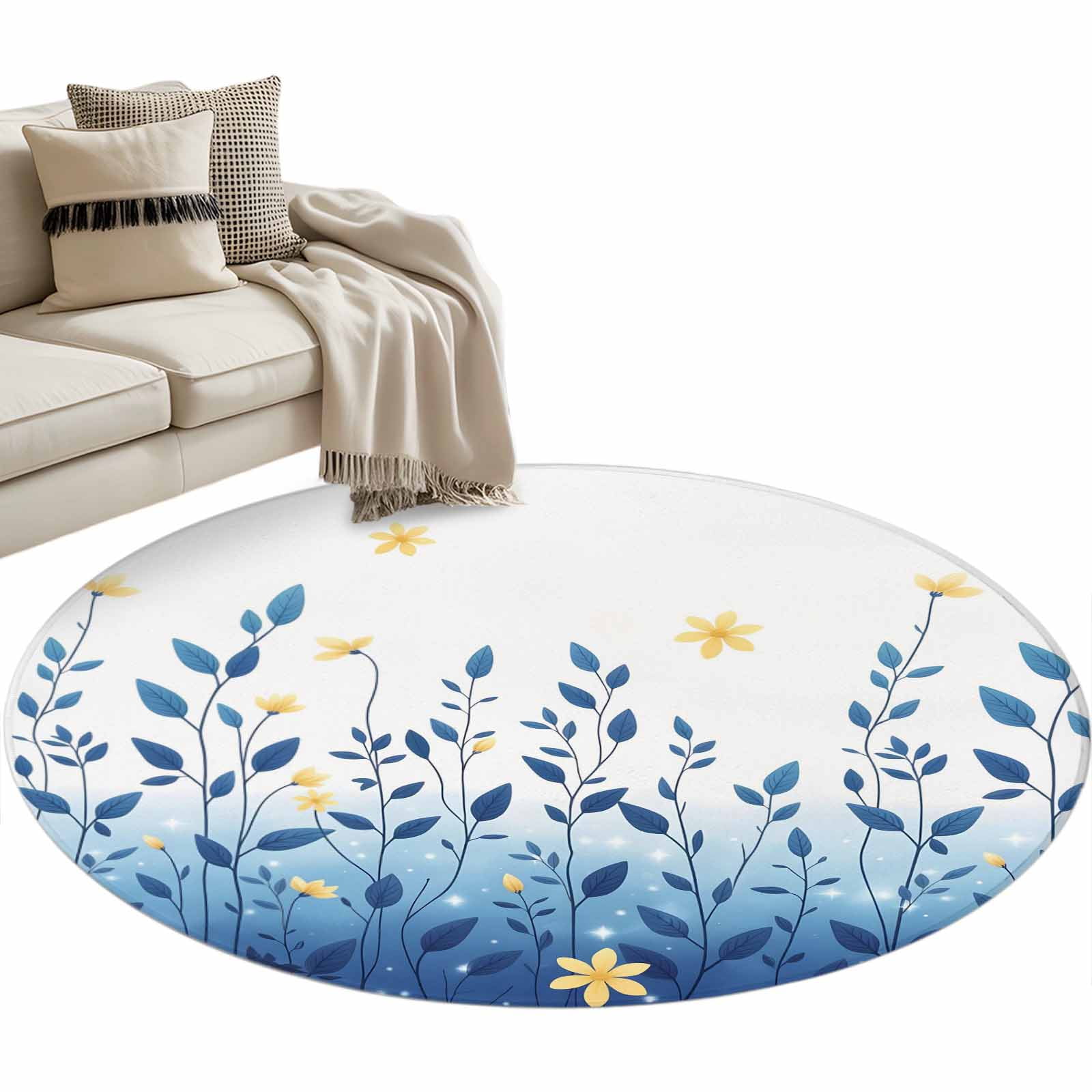 Blue Ombre Eucalyptus Area Rug, Elegant Yellow Floral Botanical ...