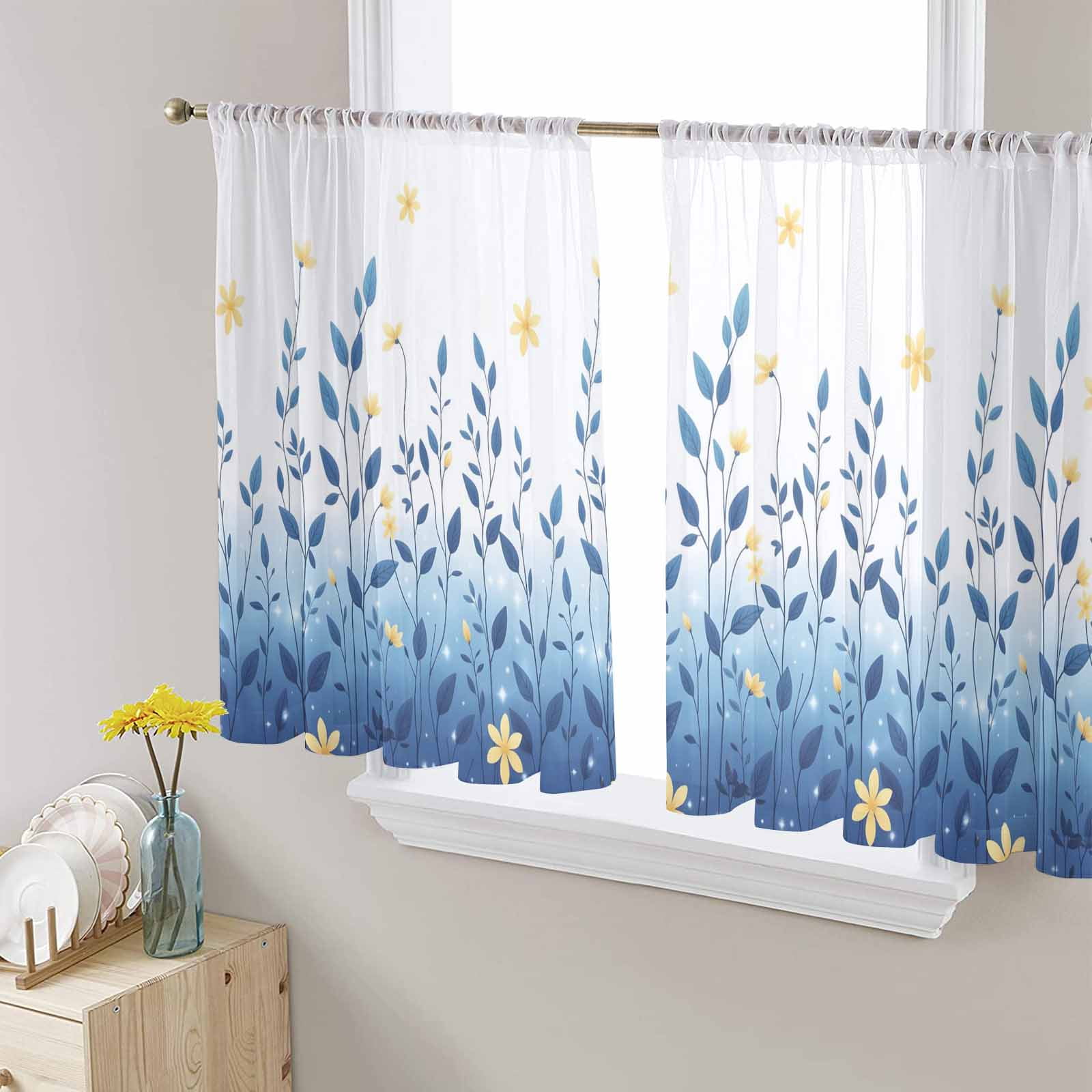 Blue Ombre Eucalyptus Sheer Curtains 54 Inches Length 2 Panels Set ...