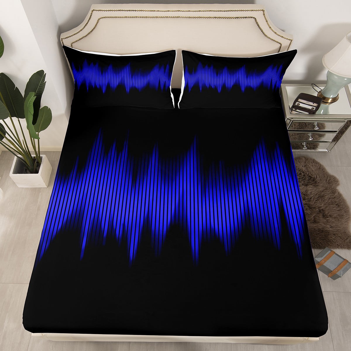 Blue Ombre Fitted Sheet Full Geometric Lines Bed Sheets Modern Abstract ...