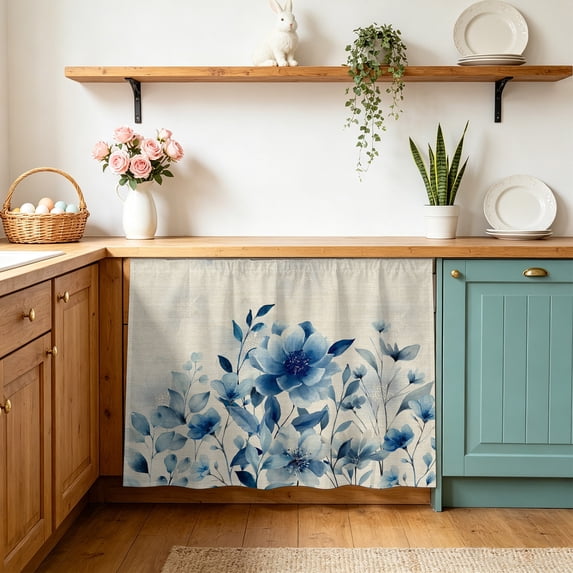 Blue Ombre Floral Cabinet Curtains 28''x35.4'', Spring Elegant Flowers ...