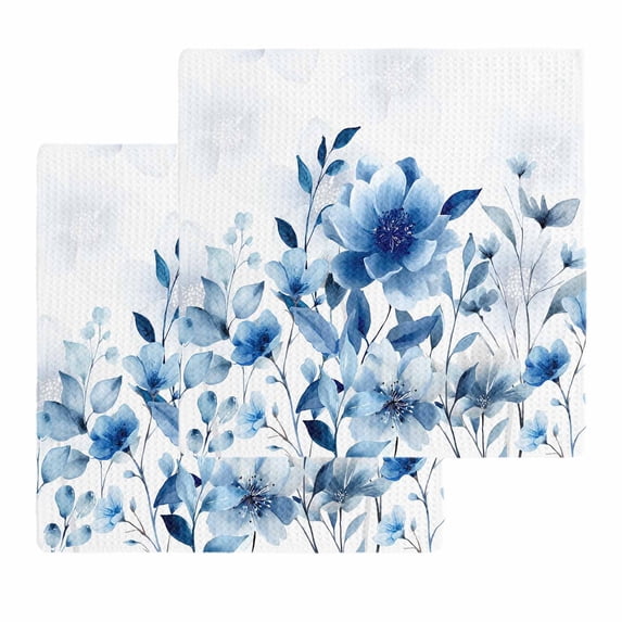 Blue Ombre Floral Dish Towels Set, Waffle Weave Kitchen Towels 2 Pieces ...