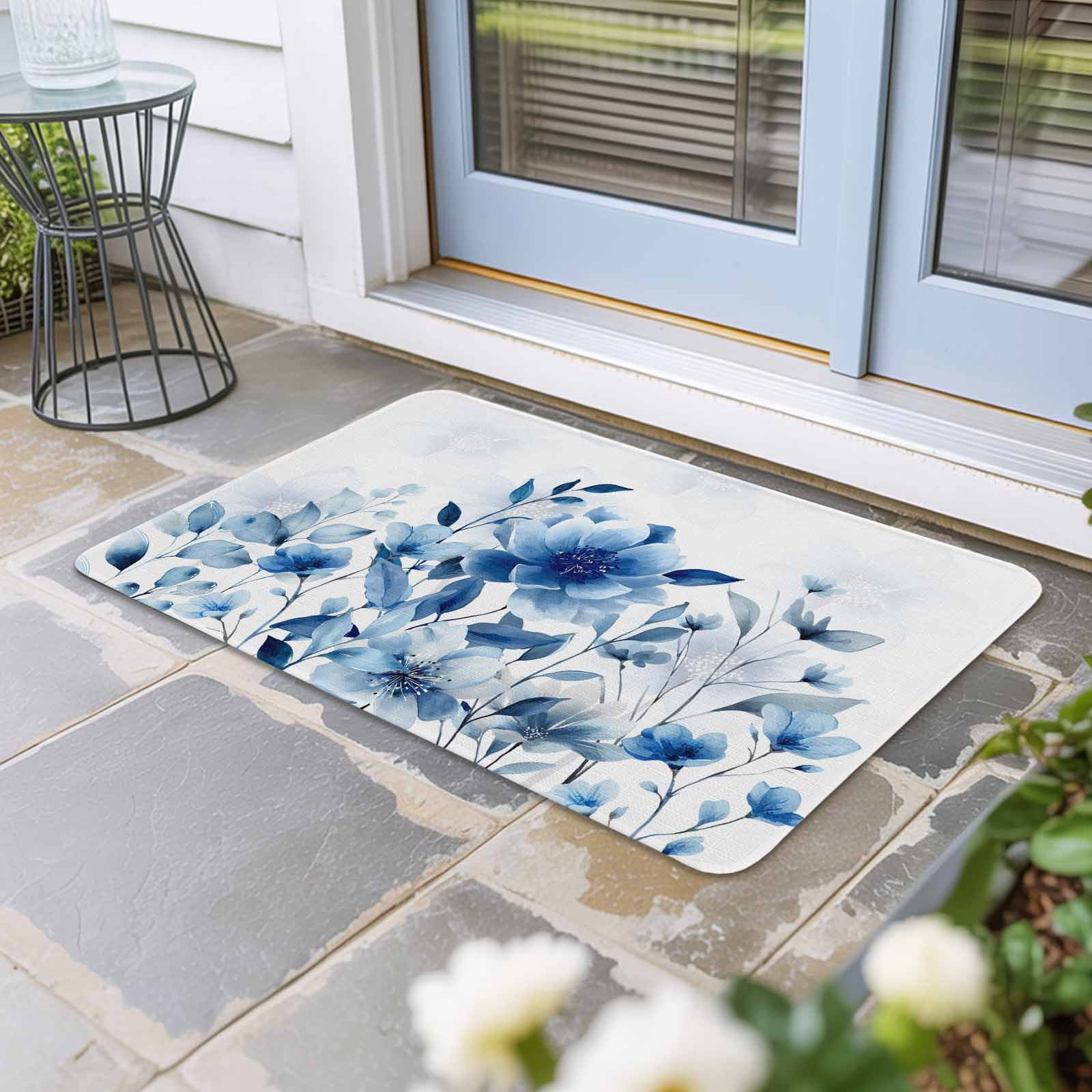 Blue Ombre Floral Door Mat Indoor Outdoor, Spring Elegant Flowers ...