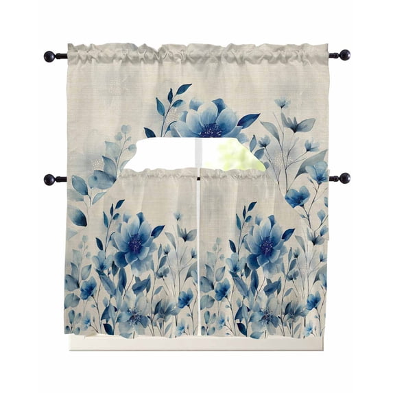 Blue Ombre Floral Kitchen Curtain and Valance Set 3 Pieces,Rod Pocket ...