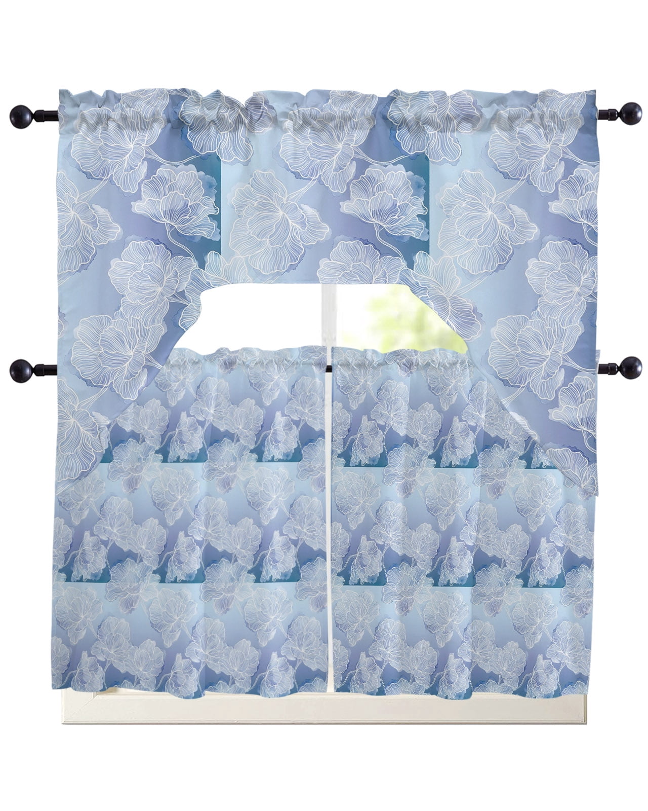 Blue Ombre Floral Kitchen Curtains Sets for Windows 3 Piece, Sky ...