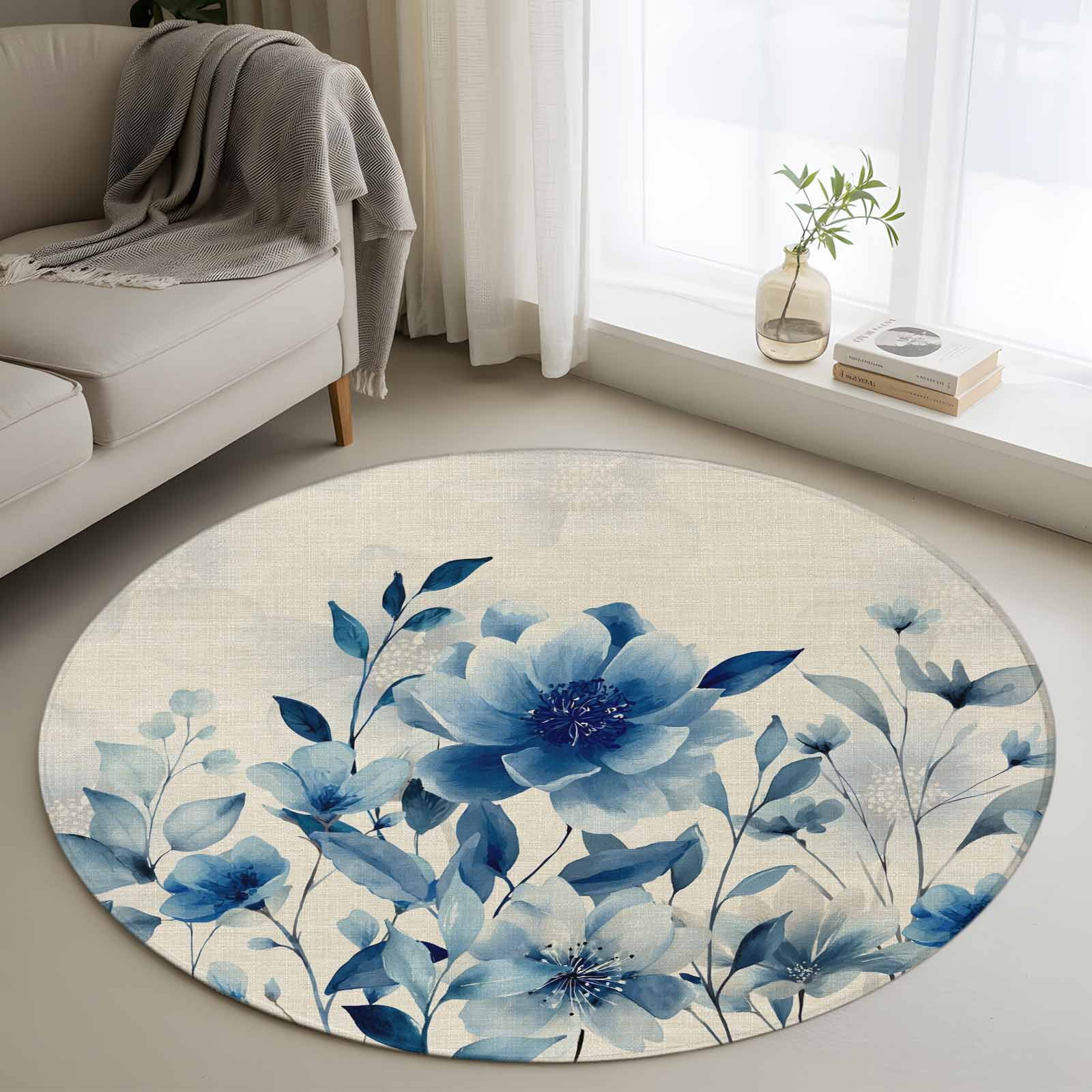 Blue Ombre Floral Round Rug 3ft Washable Circle Entryway Rugs Non Slip ...