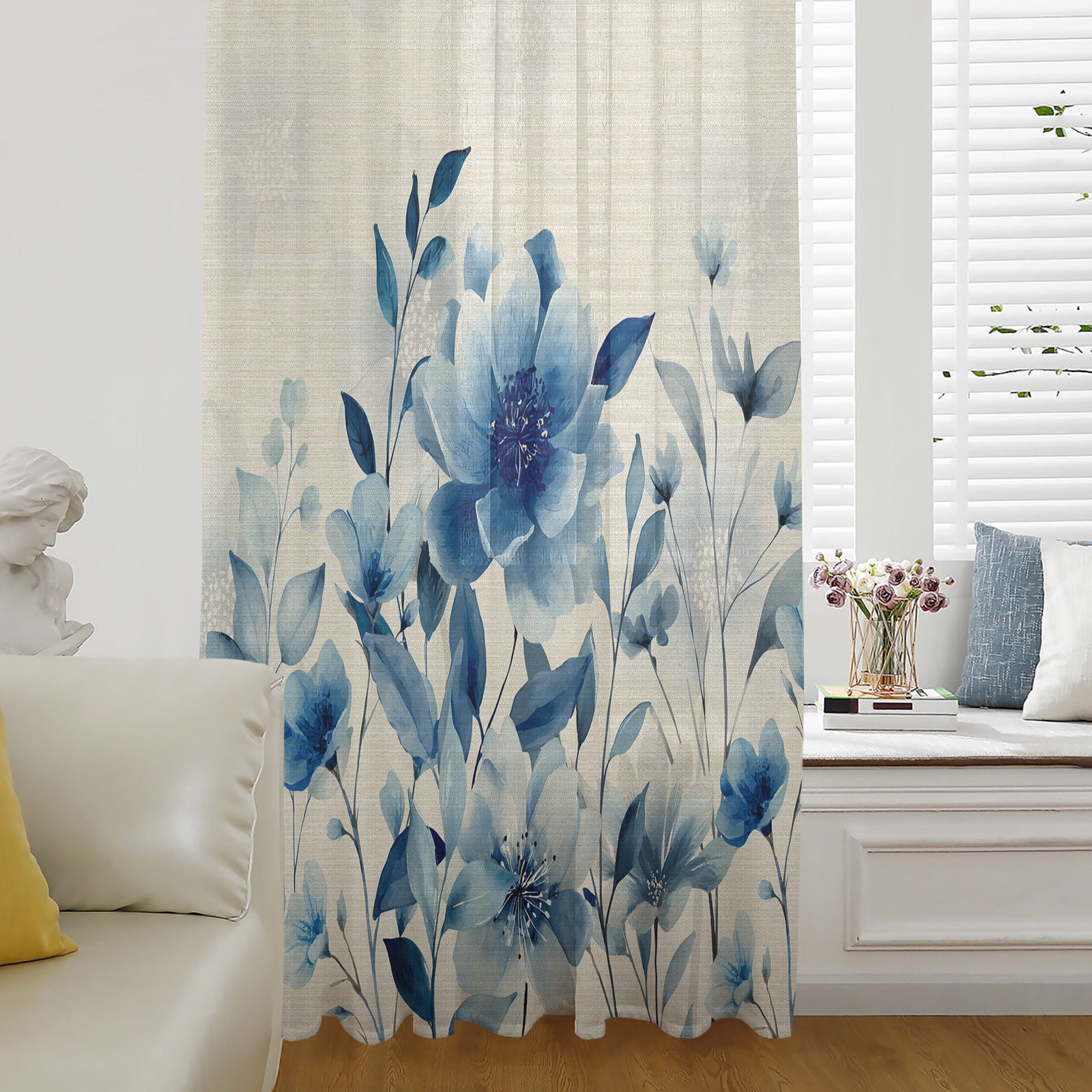 Blue Ombre Floral Sheer Curtains 54 Inch Length, Light Filtering Voile ...