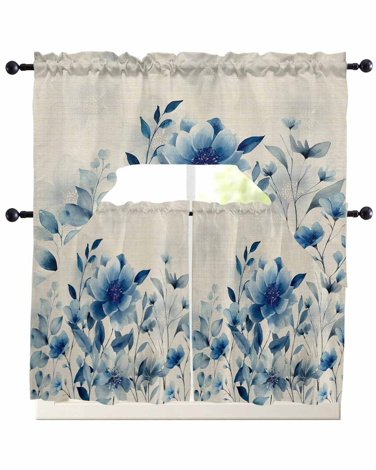 Blue Ombre Floral Swag Kitchen Curtains Sets for Windows 24 Inch Length ...