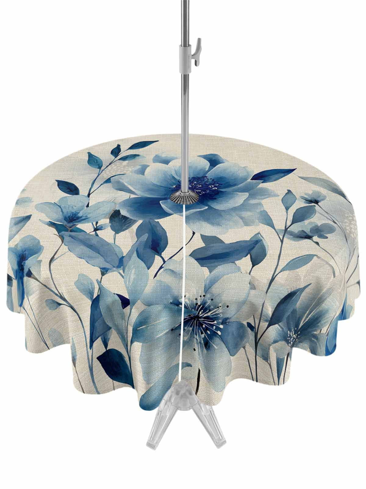 Blue Ombre Floral Table Cloth Round Tablecloth, Spring Elegant Flowers ...