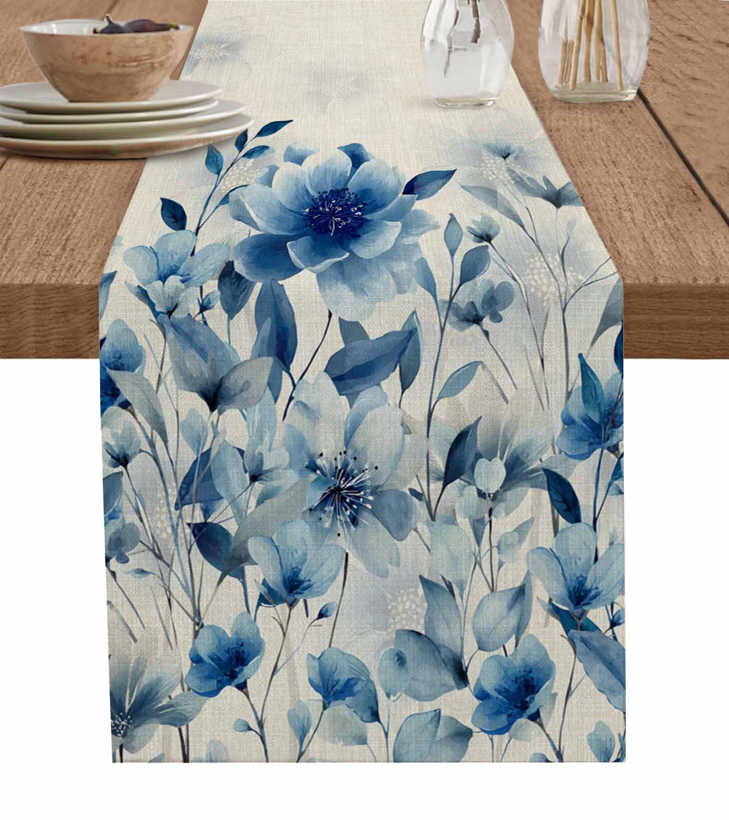 Blue Ombre Floral Table Runner 48 Inches, Spring Elegant Flowers Beige ...