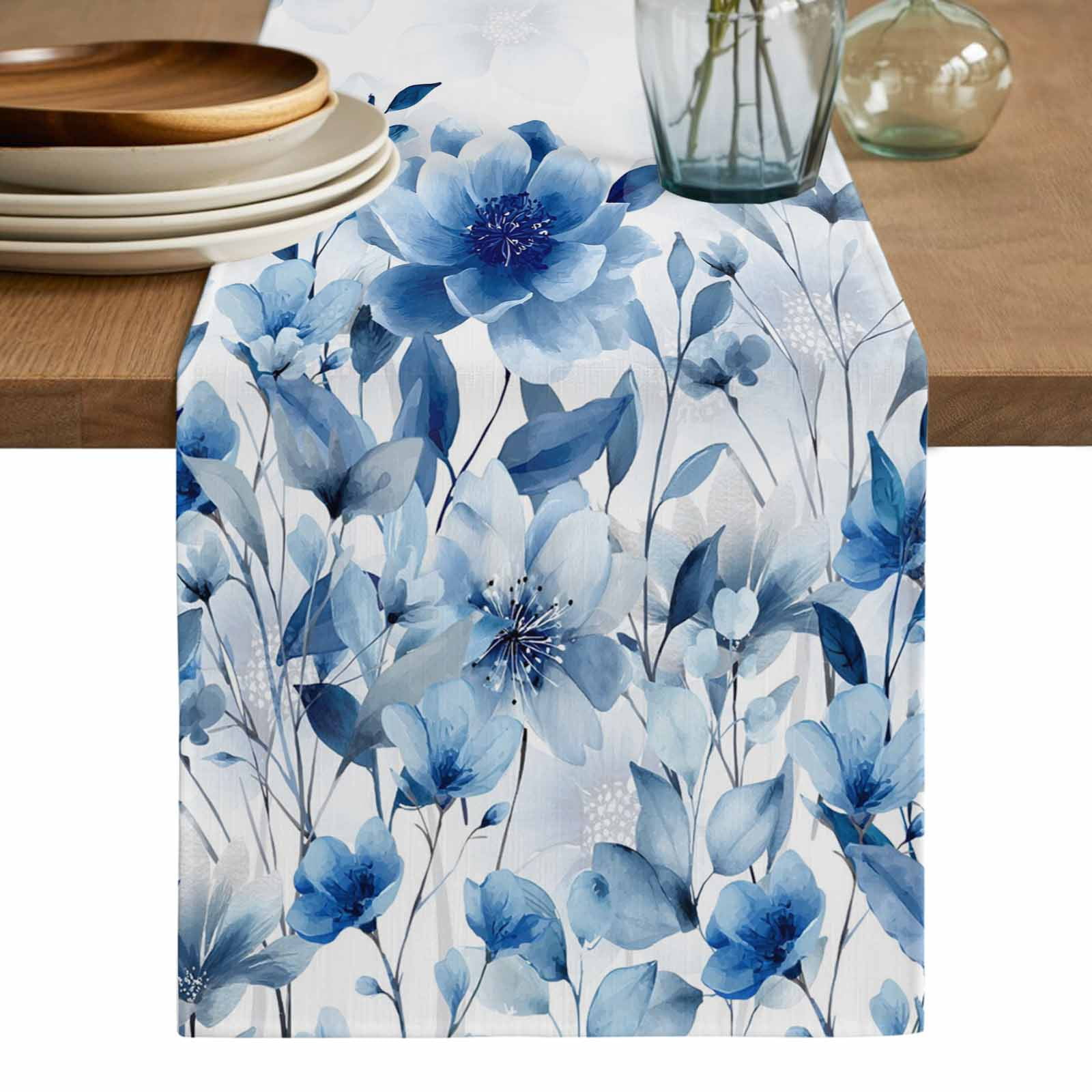 Blue Ombre Floral Table Runner, Spring Elegant Flowers Watercolor ...