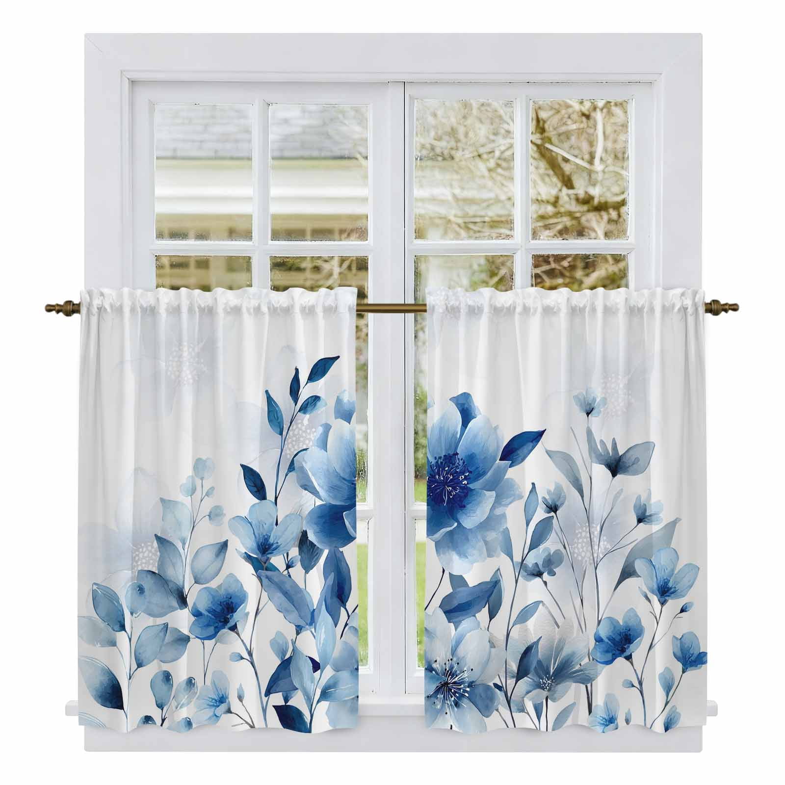 Blue Ombre Floral Tier Curtains, Spring Elegant Flowers Watercolor ...