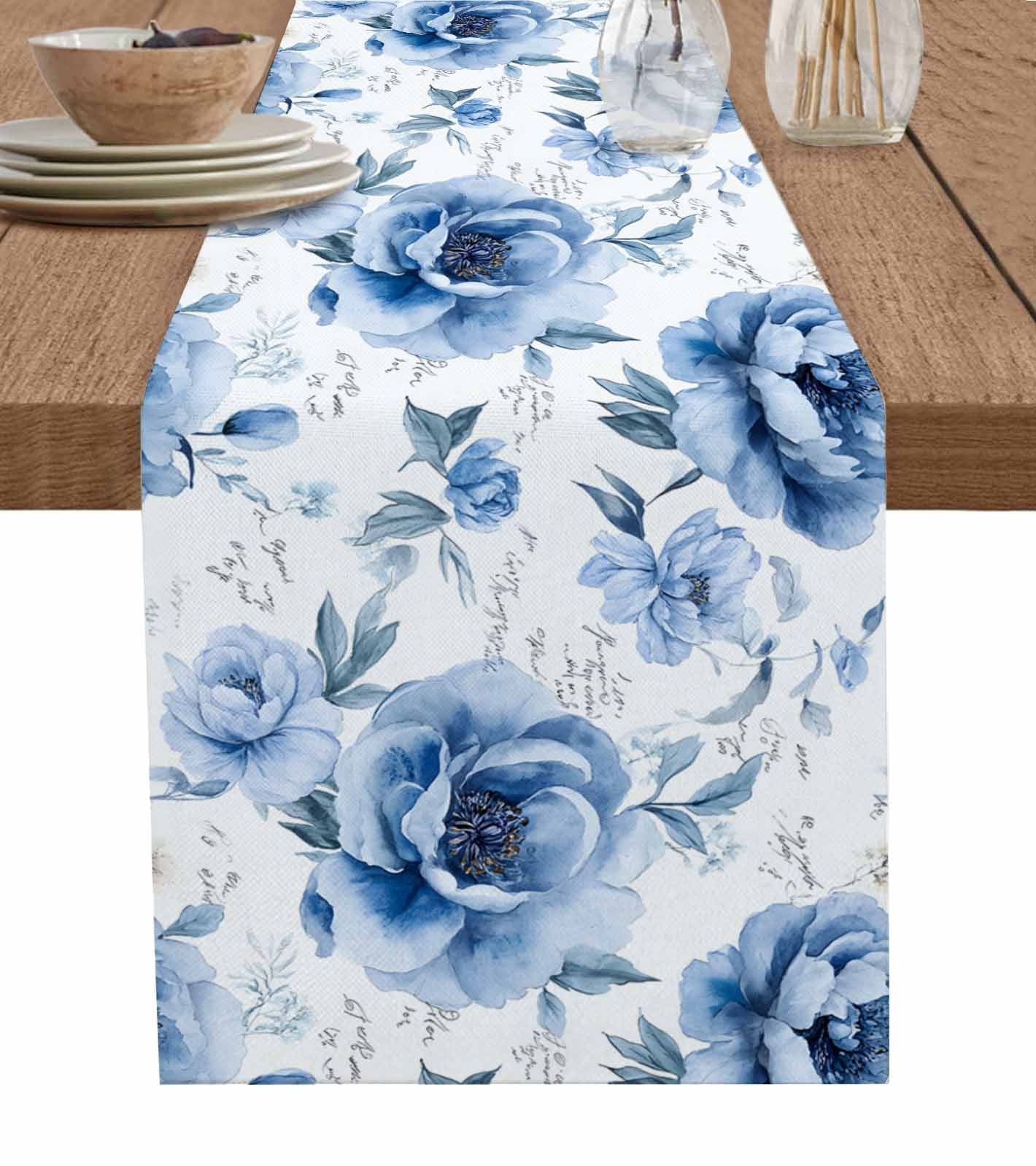 Blue Ombre Flowers Burlap Cotton Table Runner 16x72 Inches Long, Simple ...