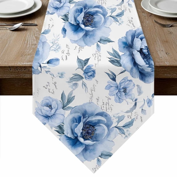 Blue Ombre Flowers Table Runner Linen Burlap Table Runner 60 Inches ...