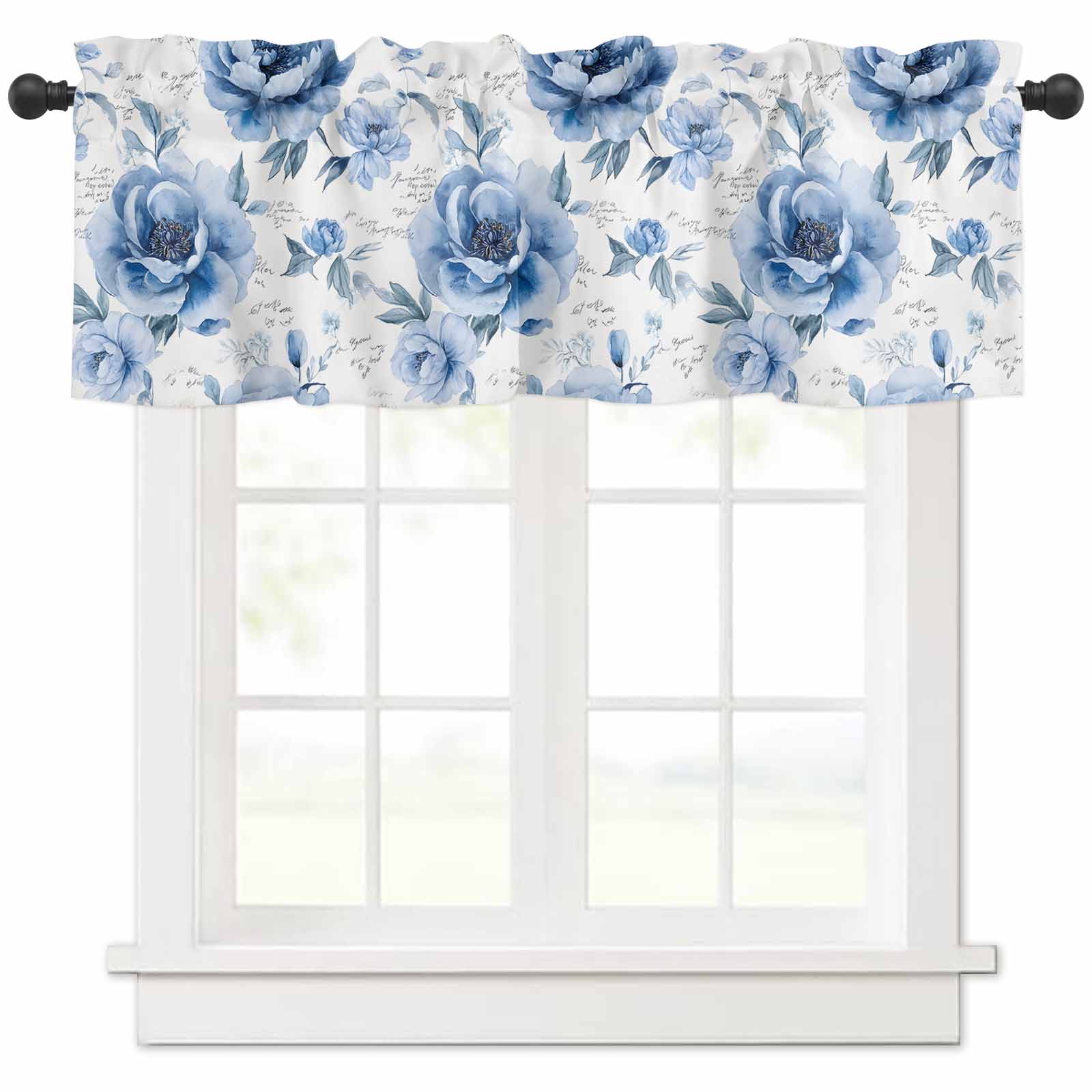 Blue Ombre Flowers Valances for Windows Farmhouse Kitchen Curtains ...