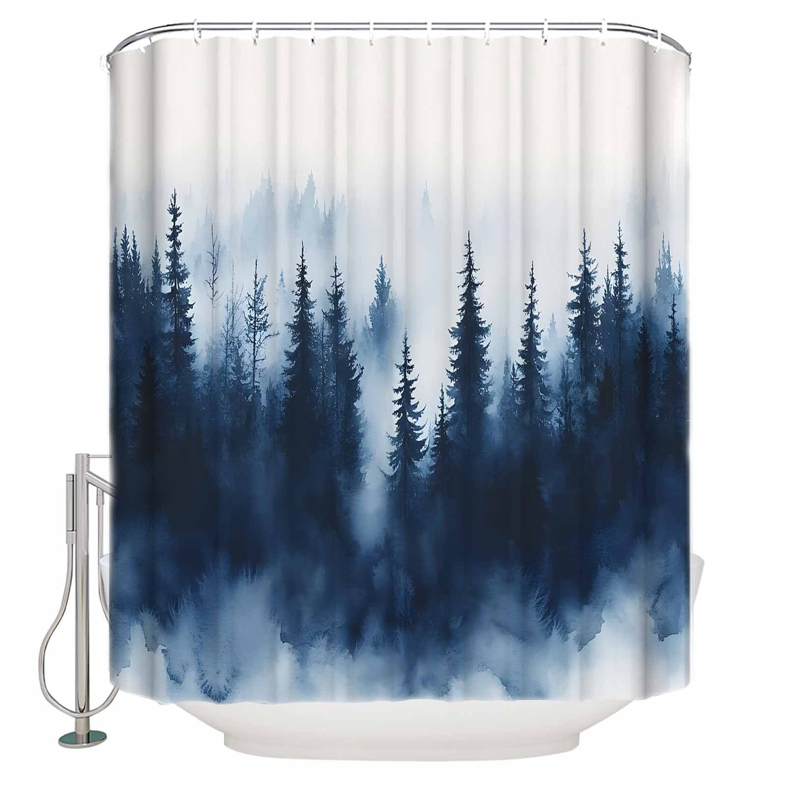 Blue Ombre Forest Bathroom Shower Curtains with 12 Hooks Polyester ...