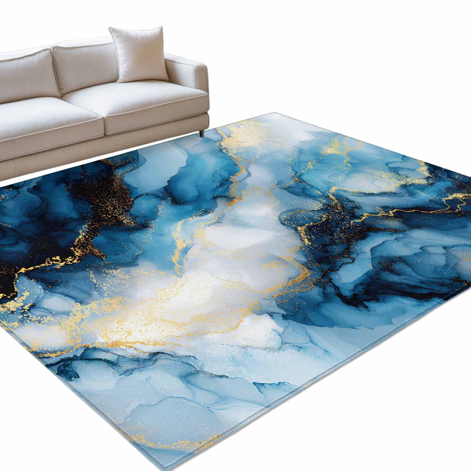 Blue Ombre Golden Marble Washable Rug 2.7x5 Area Rug for Living Room ...