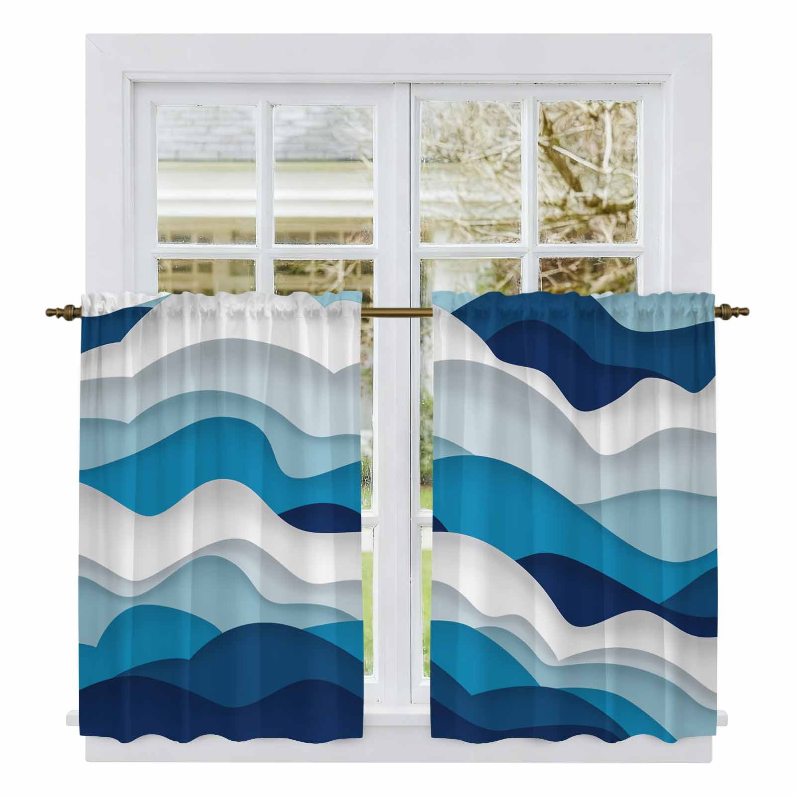 Blue Ombre Kitchen Curtains, Modern Geometric Abstract Art Moire Light ...