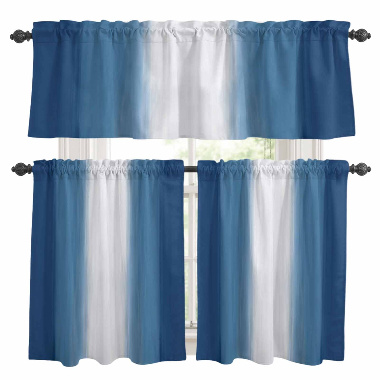 Blue Ombre Kitchen Curtains Set for Windows, Abstract Navy Blue Ombre ...