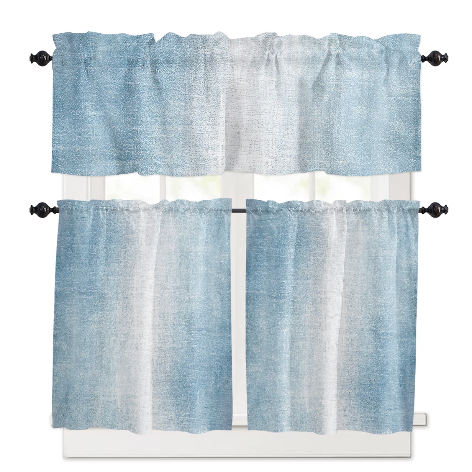 Blue Ombre Kitchen Curtains and Valances Set, 3 Piece Kitchen Curtains ...