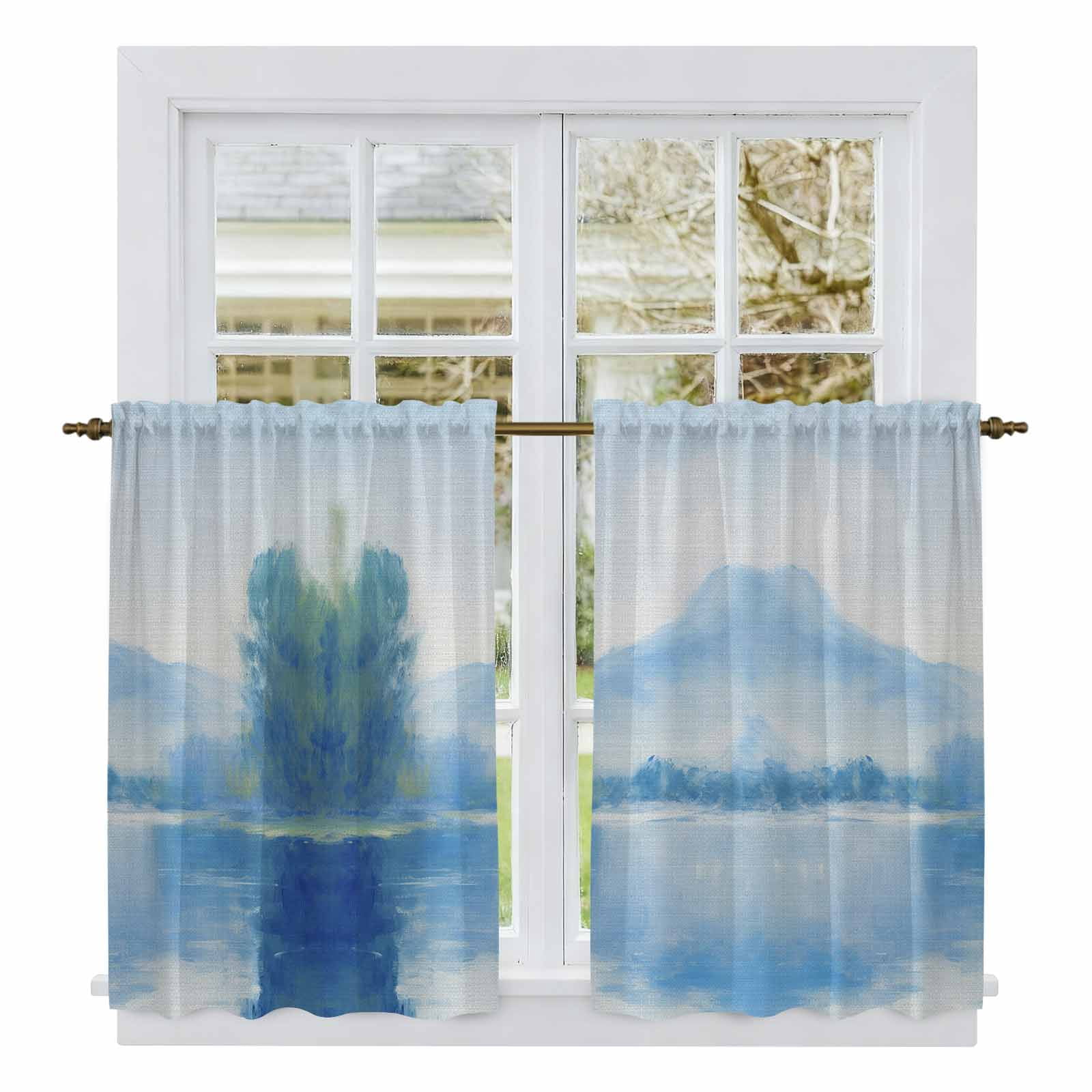 Blue Ombre Kitchen Curtains, Watercolor Landscape Abstract Rustic Light ...
