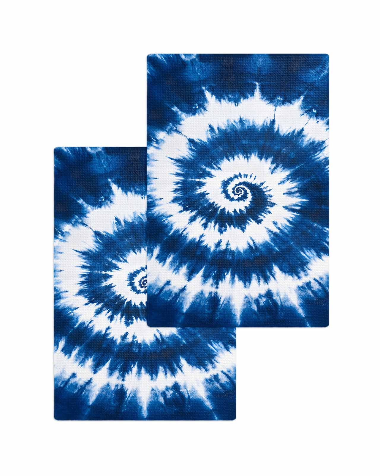 Blue Ombre Kitchen Dish Towels for Drying Dishes Set of 2, Boho Tribal Ethnic Abstract Tie Dye ...