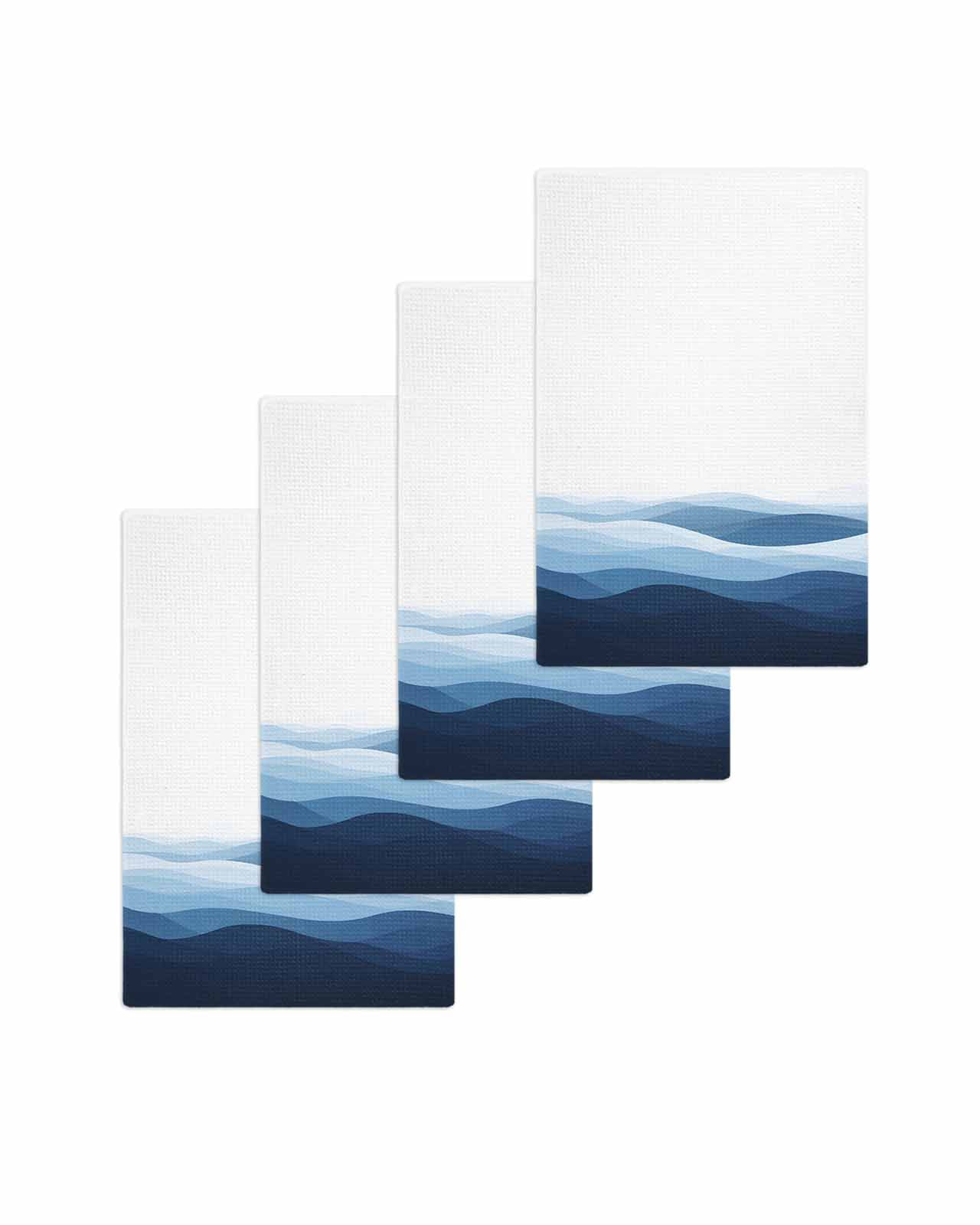 Blue Ombre Kitchen Dish Towels for Drying Dishes Set of 4, Summer Minimalist Ocean Waves Waffle ...