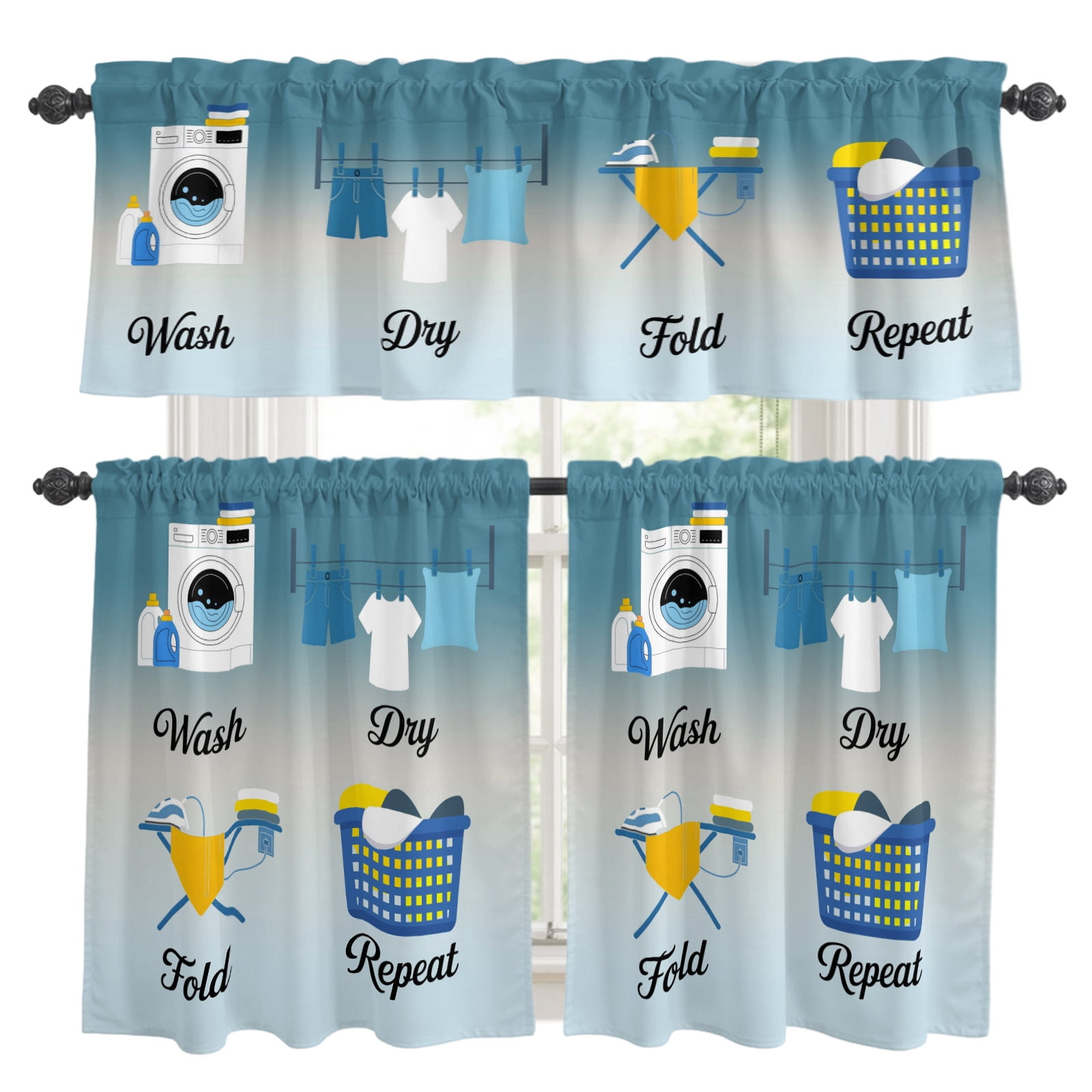 Blue Ombre Laundry Kitchen Curtains, Kitchen Curtains and Valances Set ...