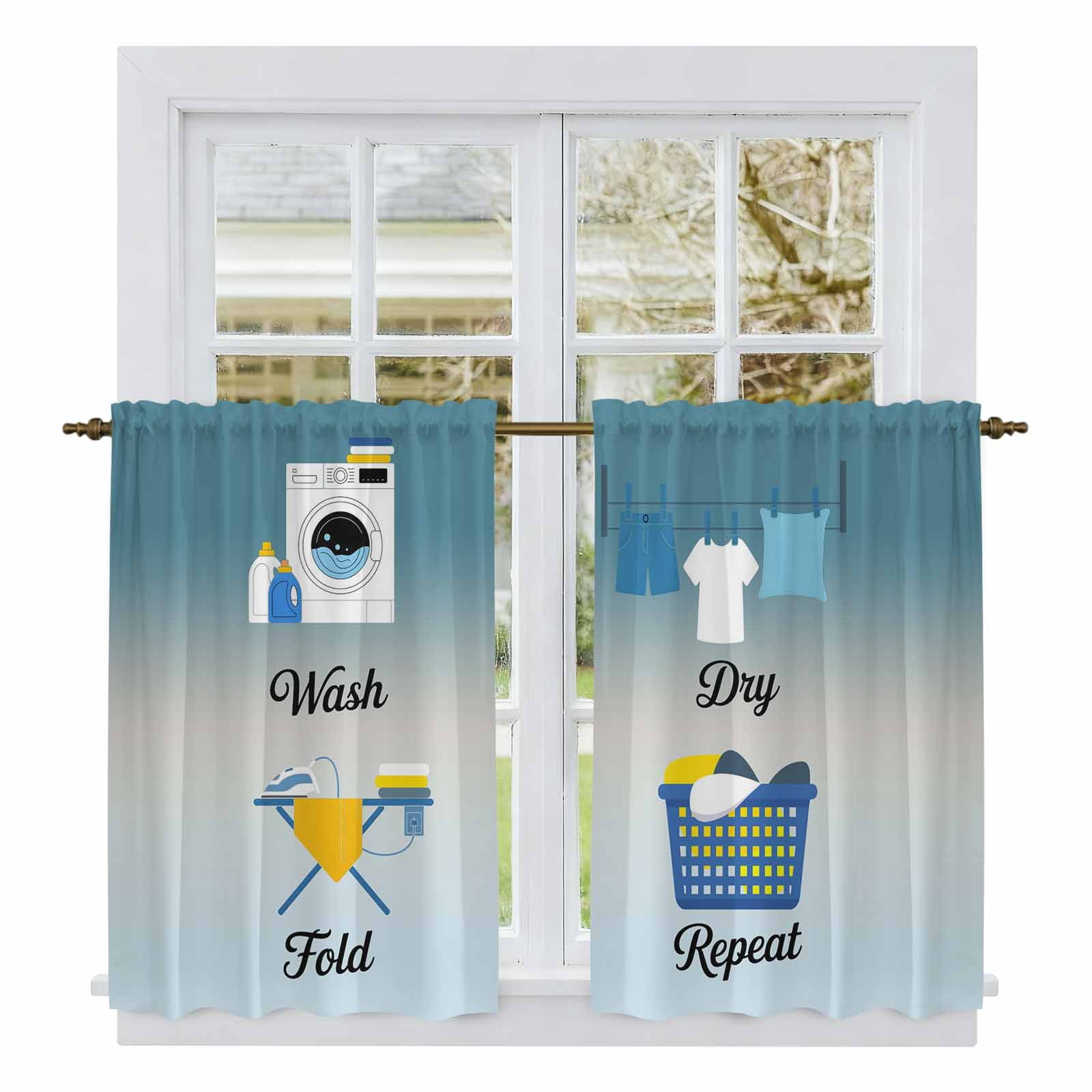 Blue Ombre Laundry Tier Curtains, Wash Dry Fold Repeat Light Filtering ...