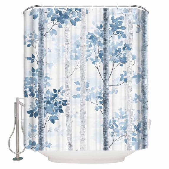 Blue Ombre Leaves Bathroom Shower Curtains with 12 Hooks Polyester ...